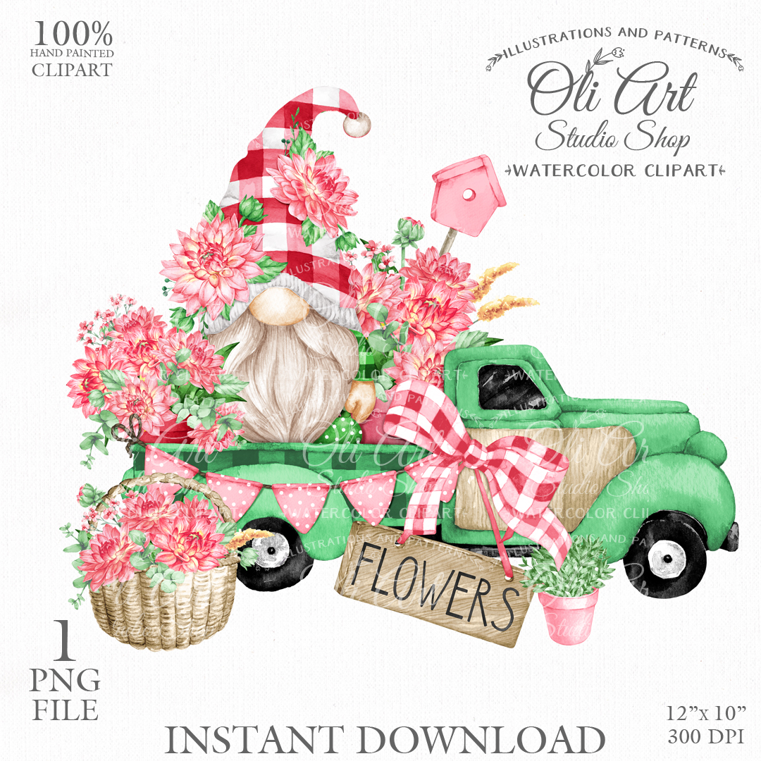 Flowers Truck, Gnome Clipart. Dahlias. Hand Drawn Graphics, - Inspire ...