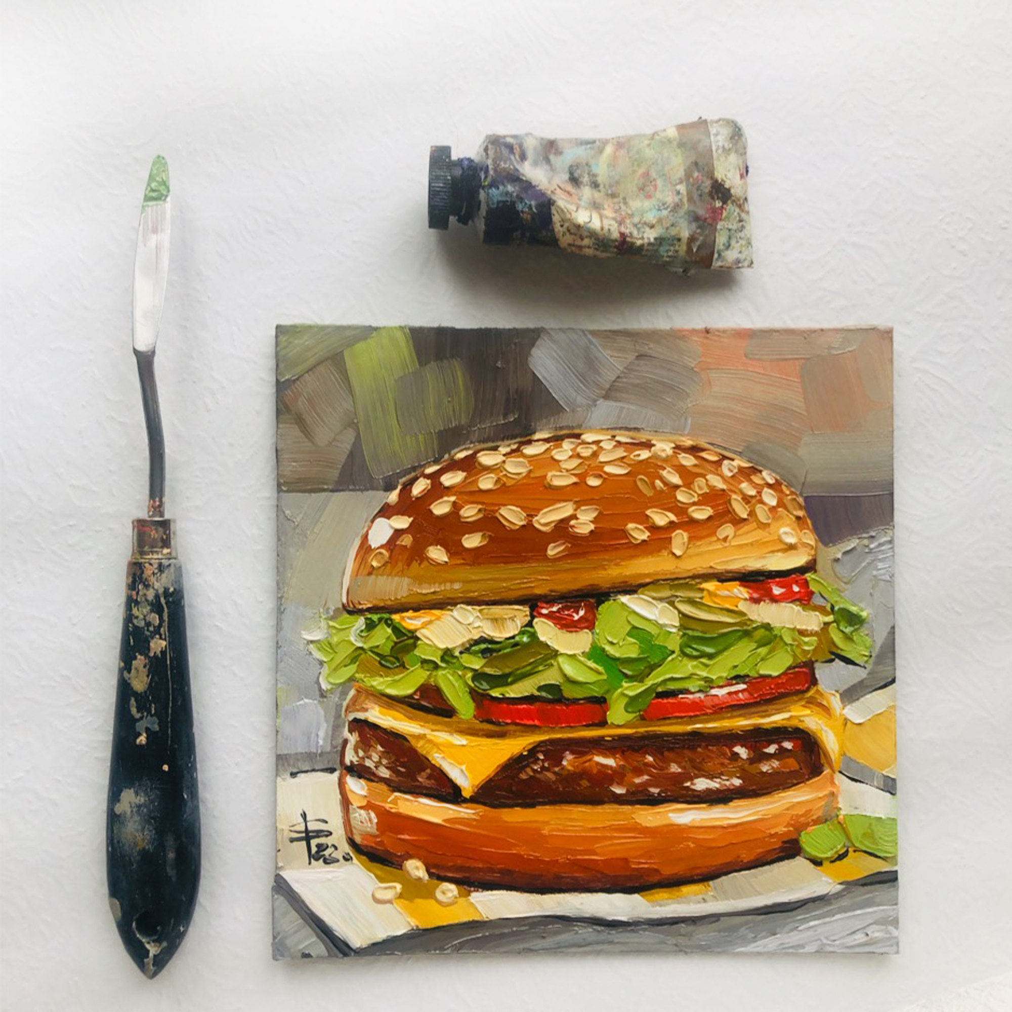 Hamburger Painting Kitchen Original Art Food Oil Painting Mi - Inspire ...
