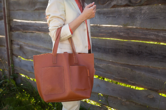Camel handmade Leather tote bag with two outside pockets - Inspire Uplift