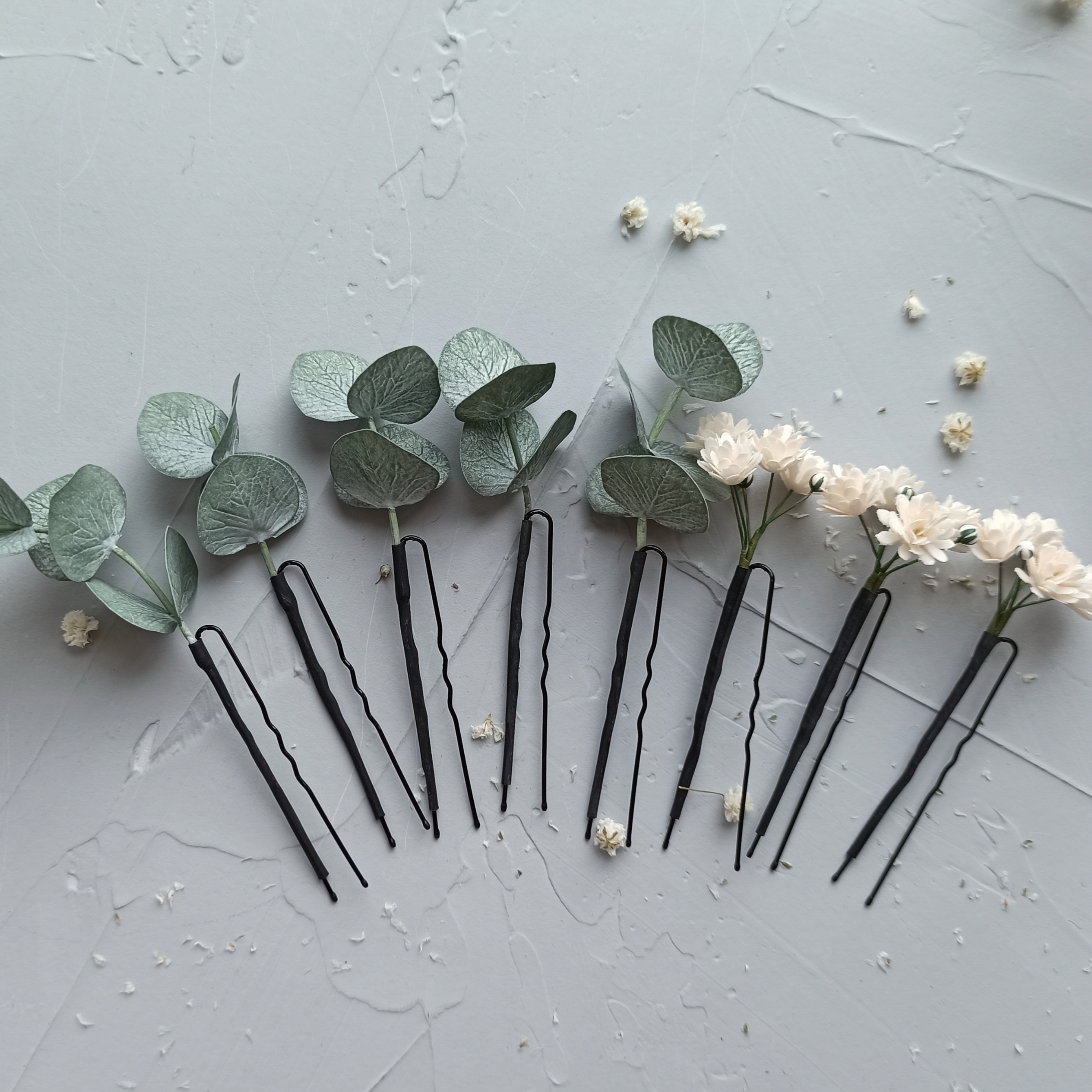 Wedding sage green eucalyptus hair pins White gypsophila gre | Inspire ...