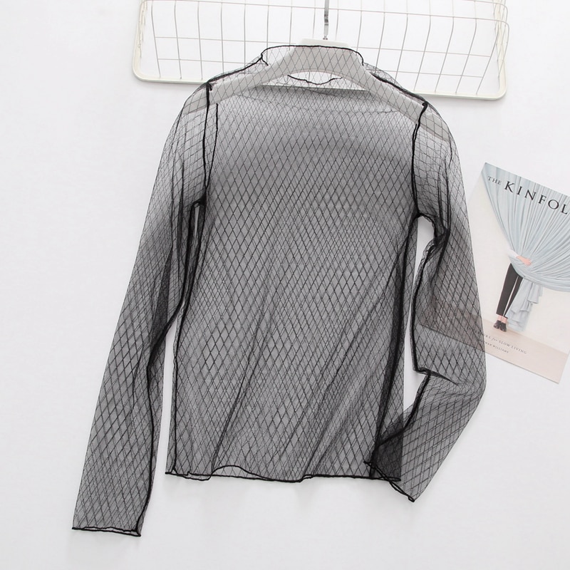 Black Mesh Top Womens Long Sleeve Sheer Top Net See Through Inspire