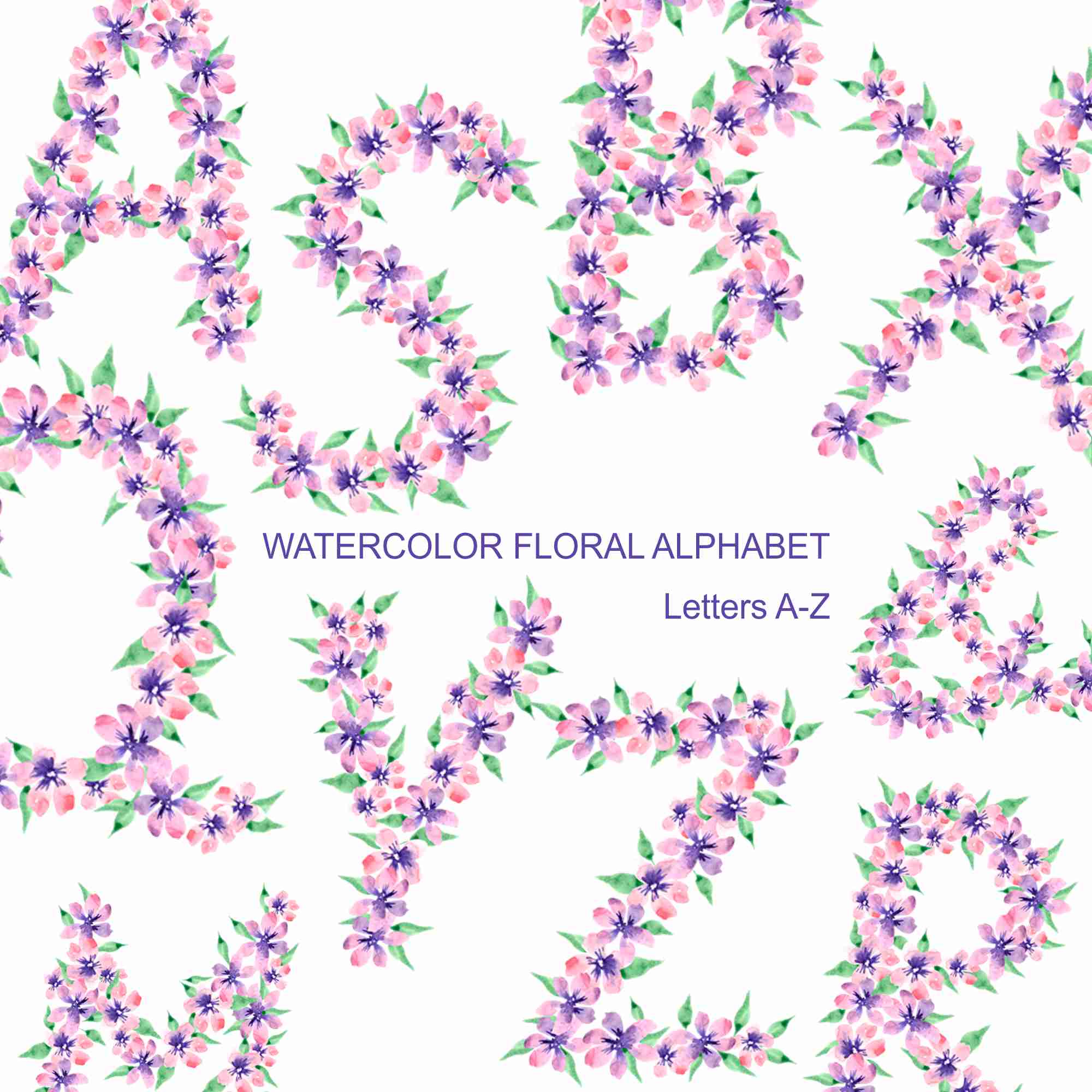 Watercolor Floral Alphabet Clipart Letters A-Z, Clipart Alph - Inspire ...