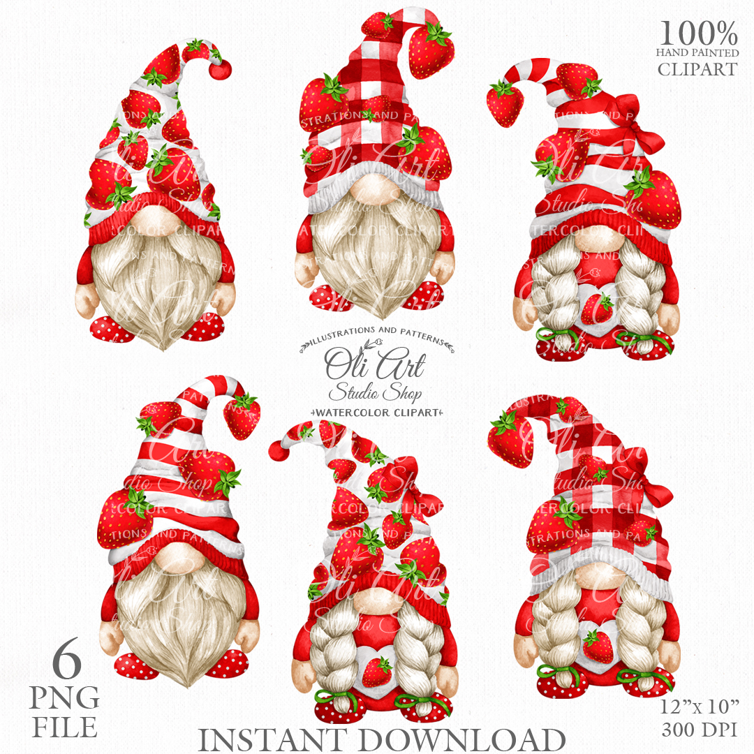 Strawberry Gnome. Hand painted clipart. Cute Characters, Han | Inspire Uplift
