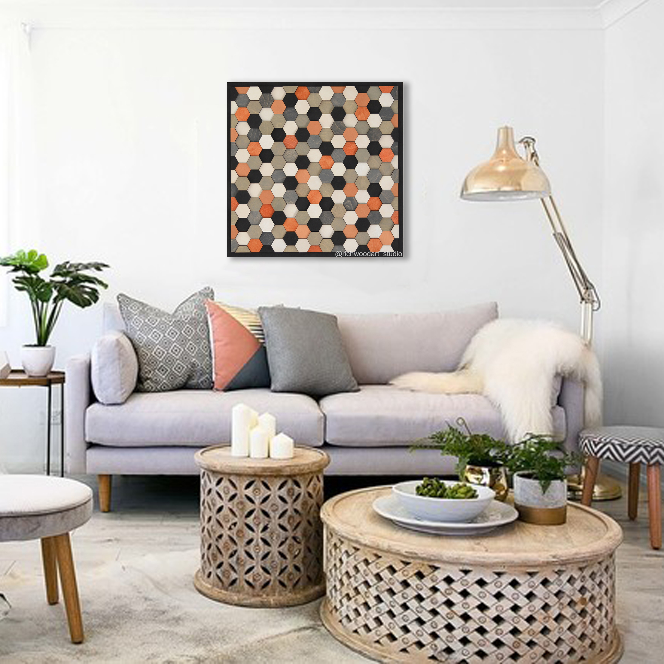 Scandinavian hexagon cutted wood wall art in gray,white,blue - Inspire ...