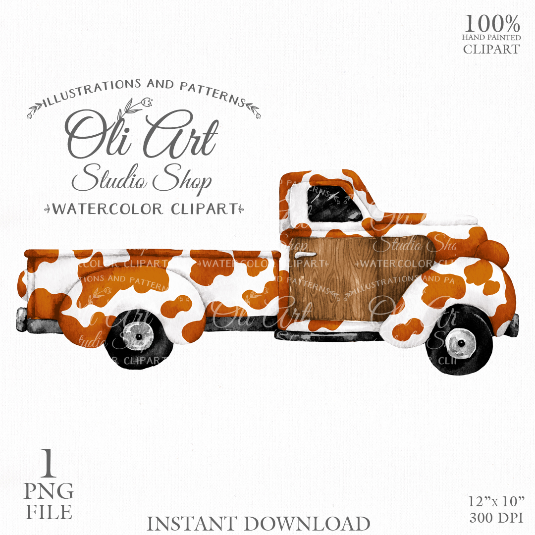Truck, Cow print. Hand painted clipart. Hand Drawn graphics. | Inspire ...