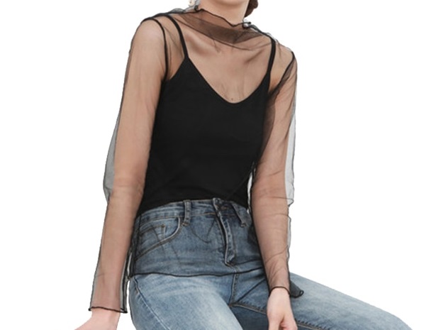 Black Mesh Top Womens Transparent Long Sleeve Sheer Top See - Inspire ...