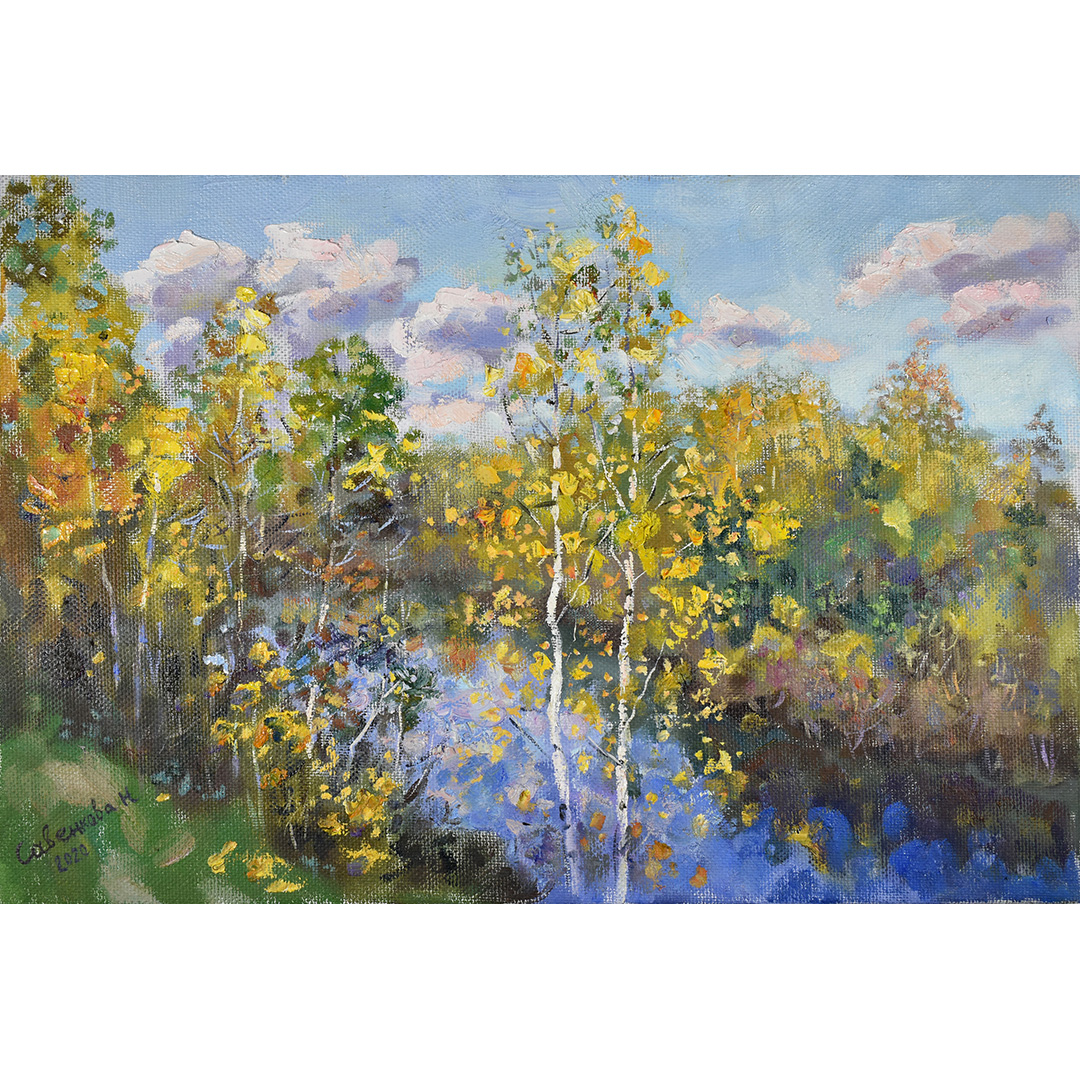 Autumn Painting Landscape Original Art Birch Tree Lake Natur | Inspire ...