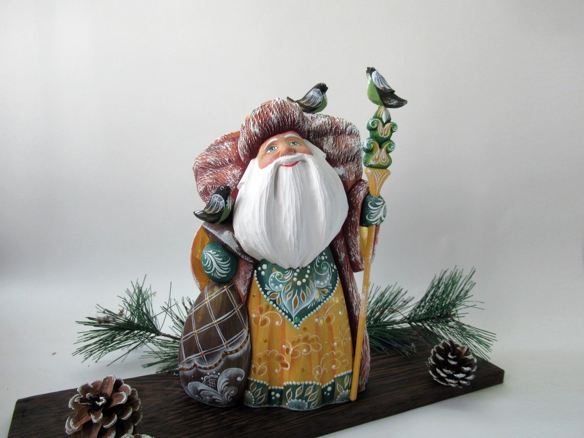Wooden Santa with three birds, Collectable green figure,Carv - Inspire ...