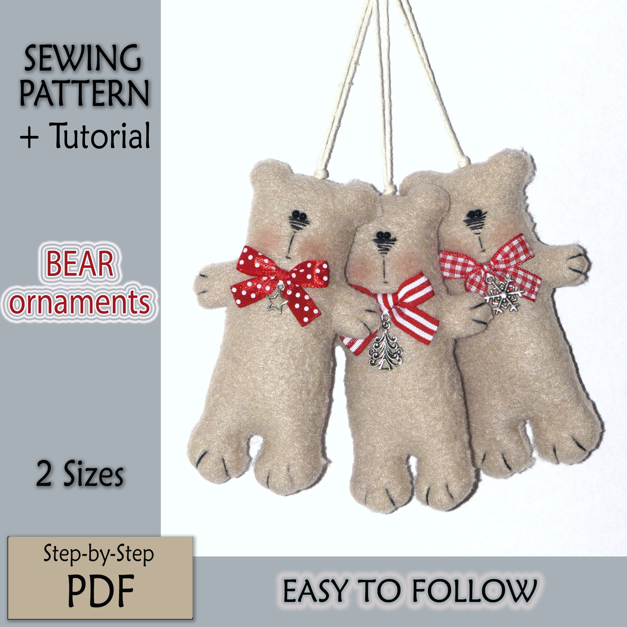 Sewing Pattern PDF, Christmas Stuffed Bear Ornaments Pattern - Inspire ...
