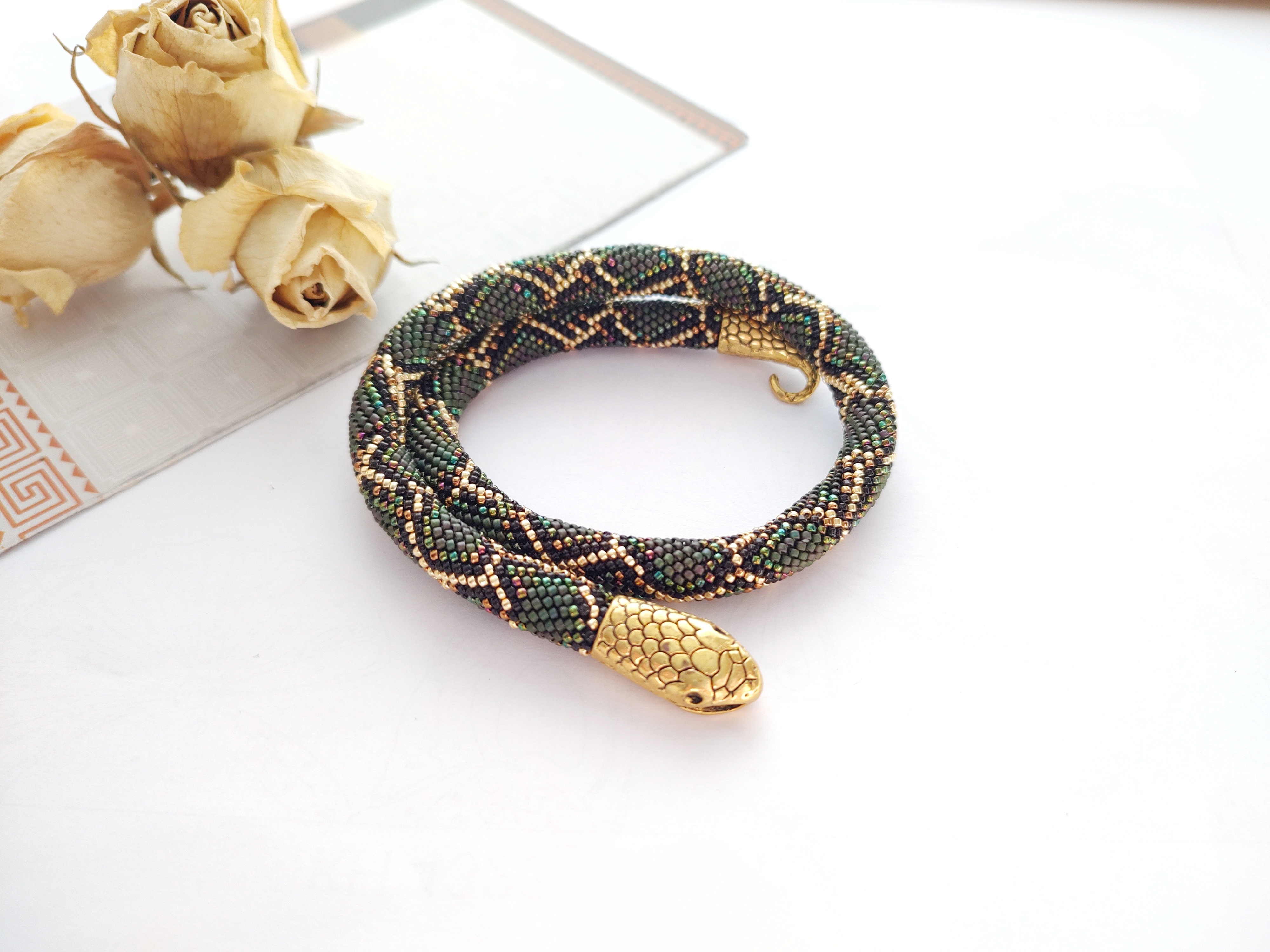Snake Python necklace Snake bracelet Beaded Green metalic sn | Inspire ...