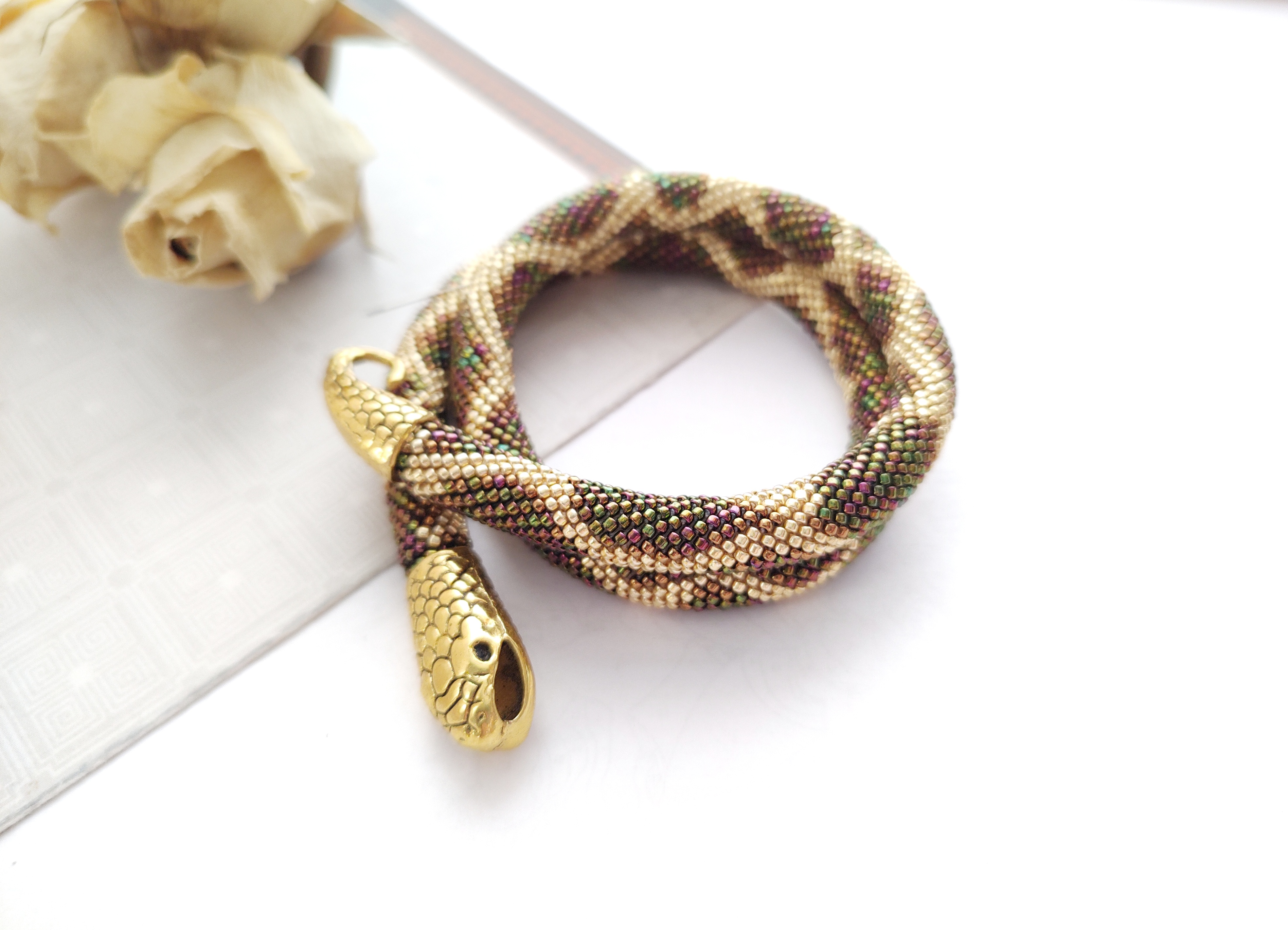 Snake Python necklace Snake bracelet Beaded Green metalic sn | Inspire ...