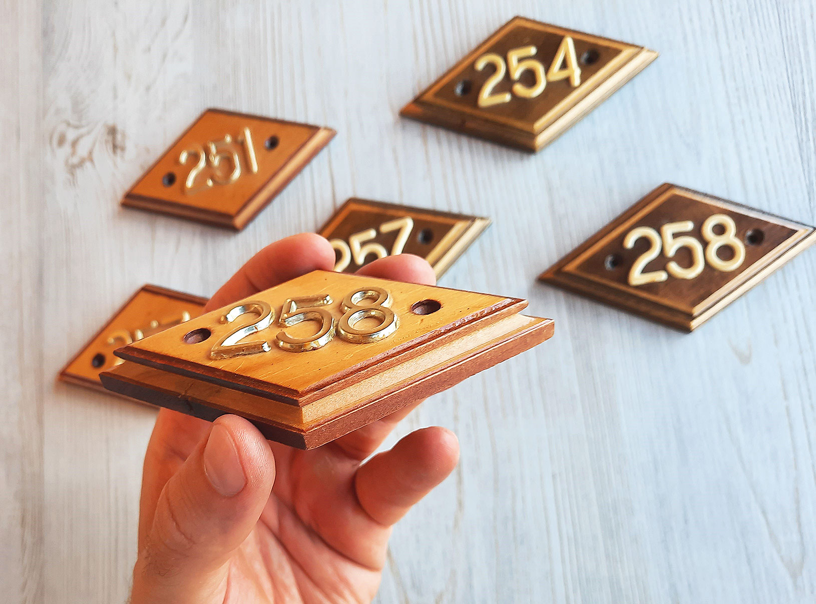 Retro wooden address plate 258 vintage door number sign - Inspire Uplift