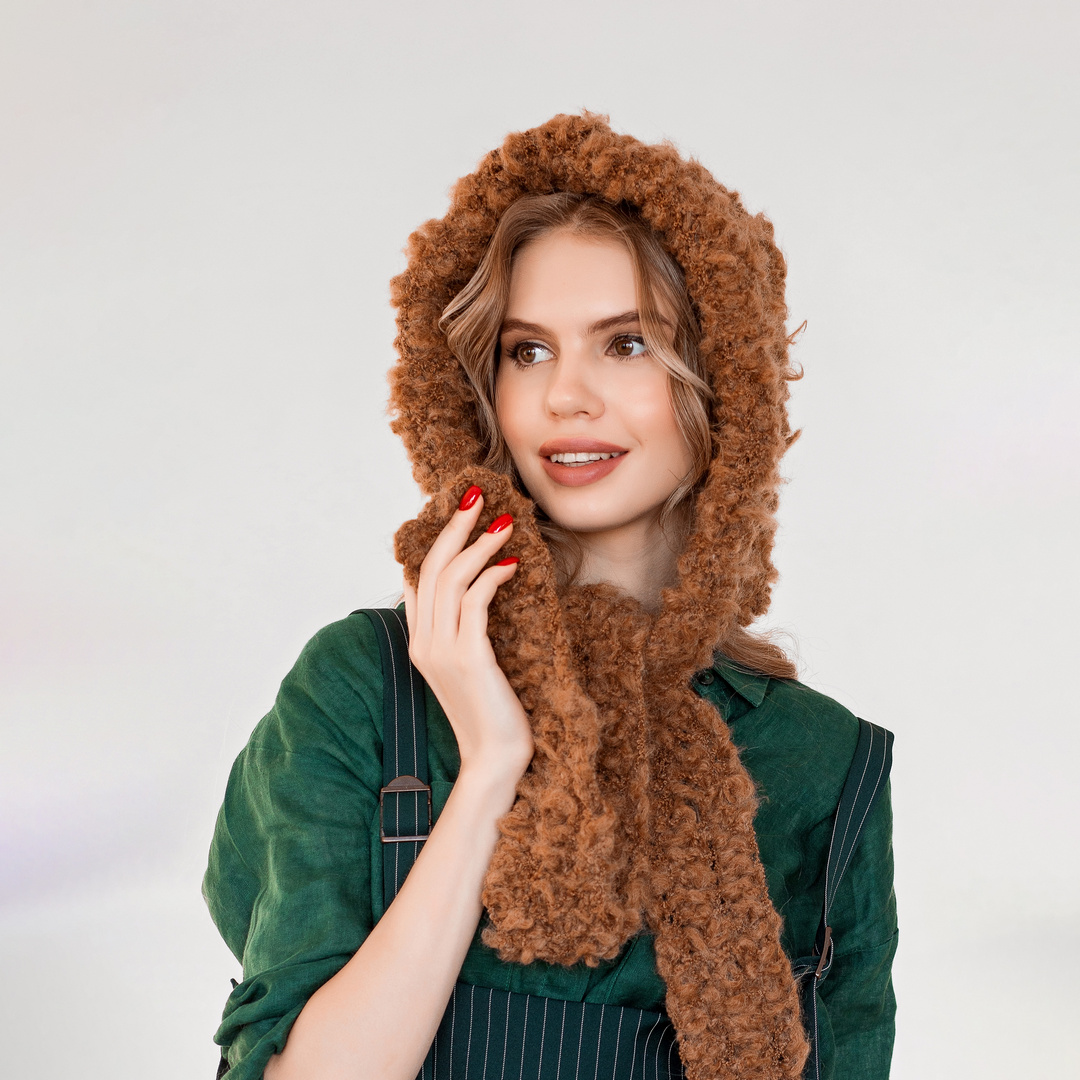 Knitted brown Bonnet with tie. Hadknit cowl hood. Handmade. | Inspire ...