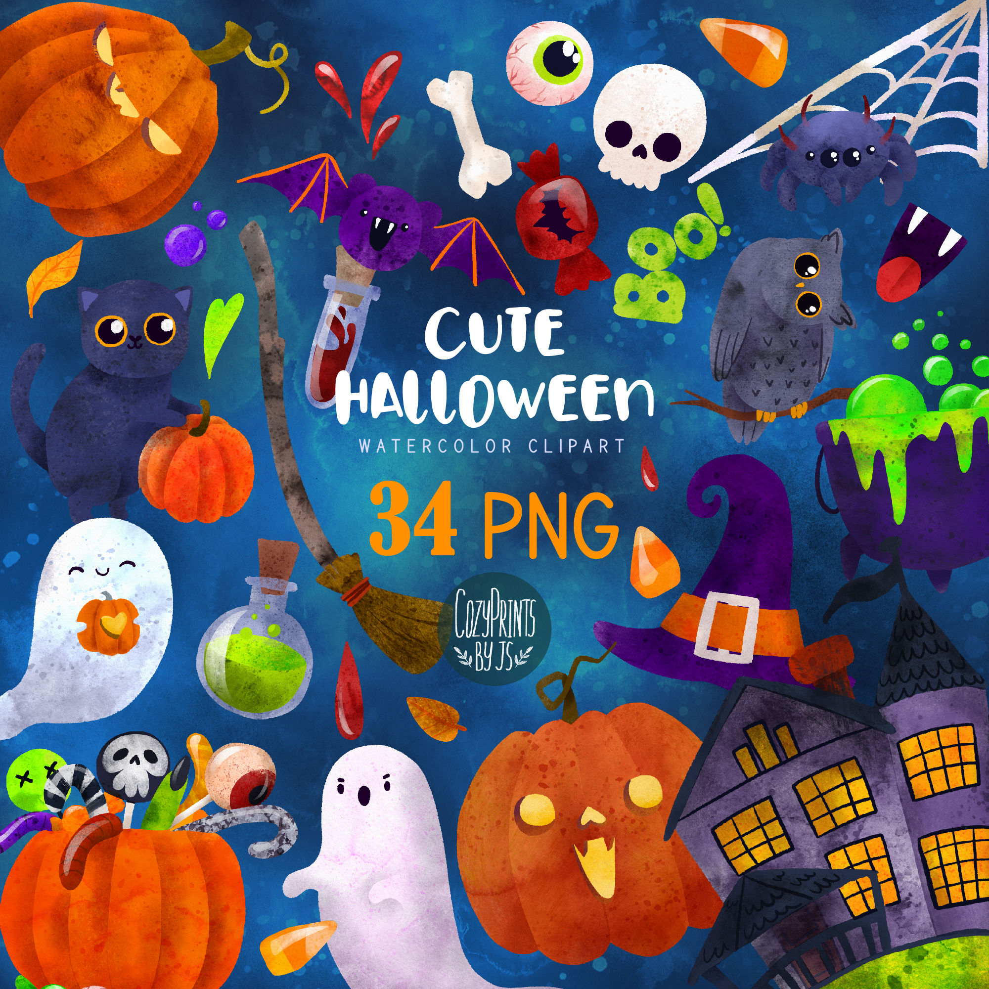 Kawaii Halloween, cute watercolor clipart set | Inspire Uplift