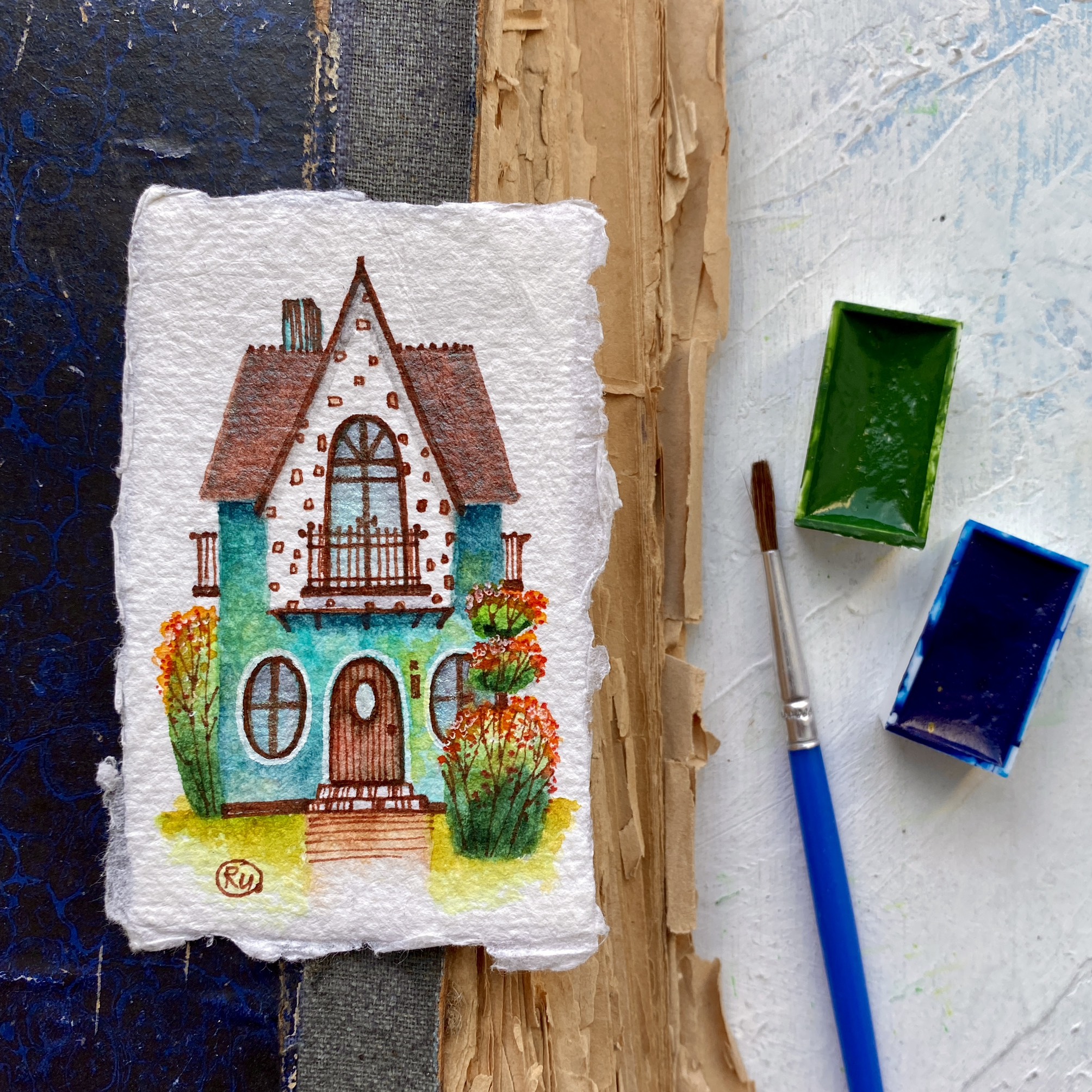 House painting Mini Original art Small watercolor Miniature - Inspire ...