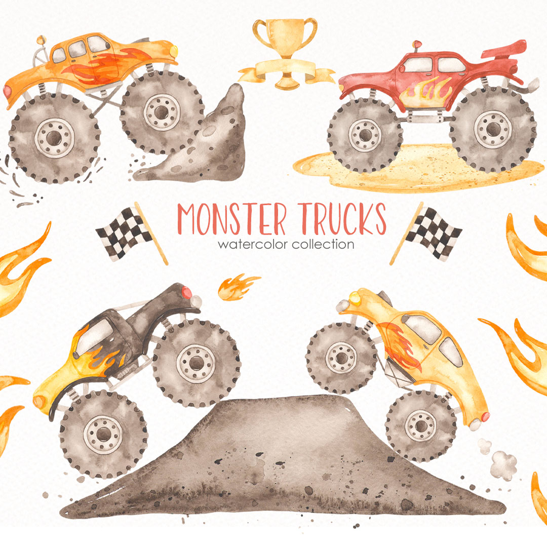 Monster trucks watercolor clipart | Inspire Uplift