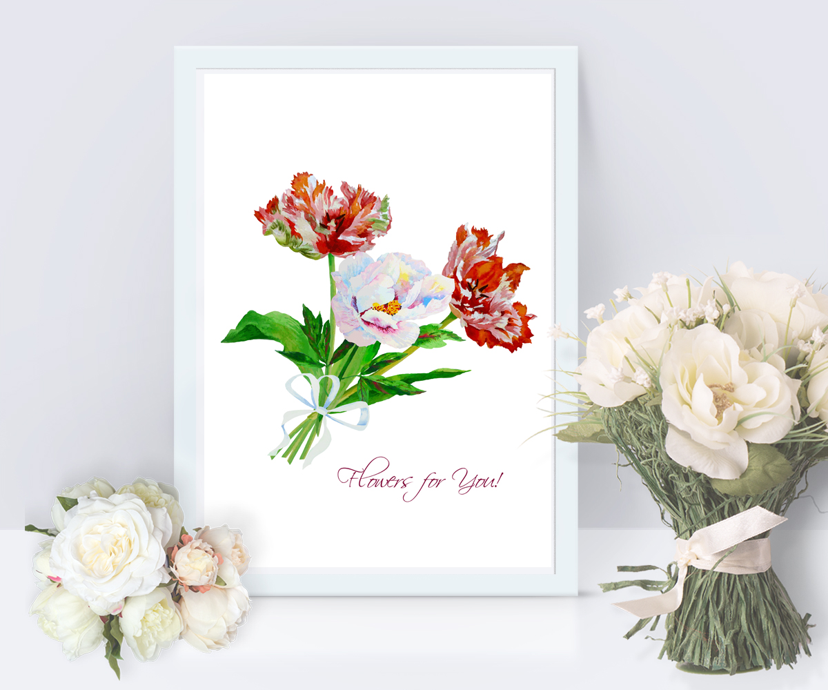 Poster Bouquet with Red Tulips and Peony, Flowers for gift - Inspire Uplift