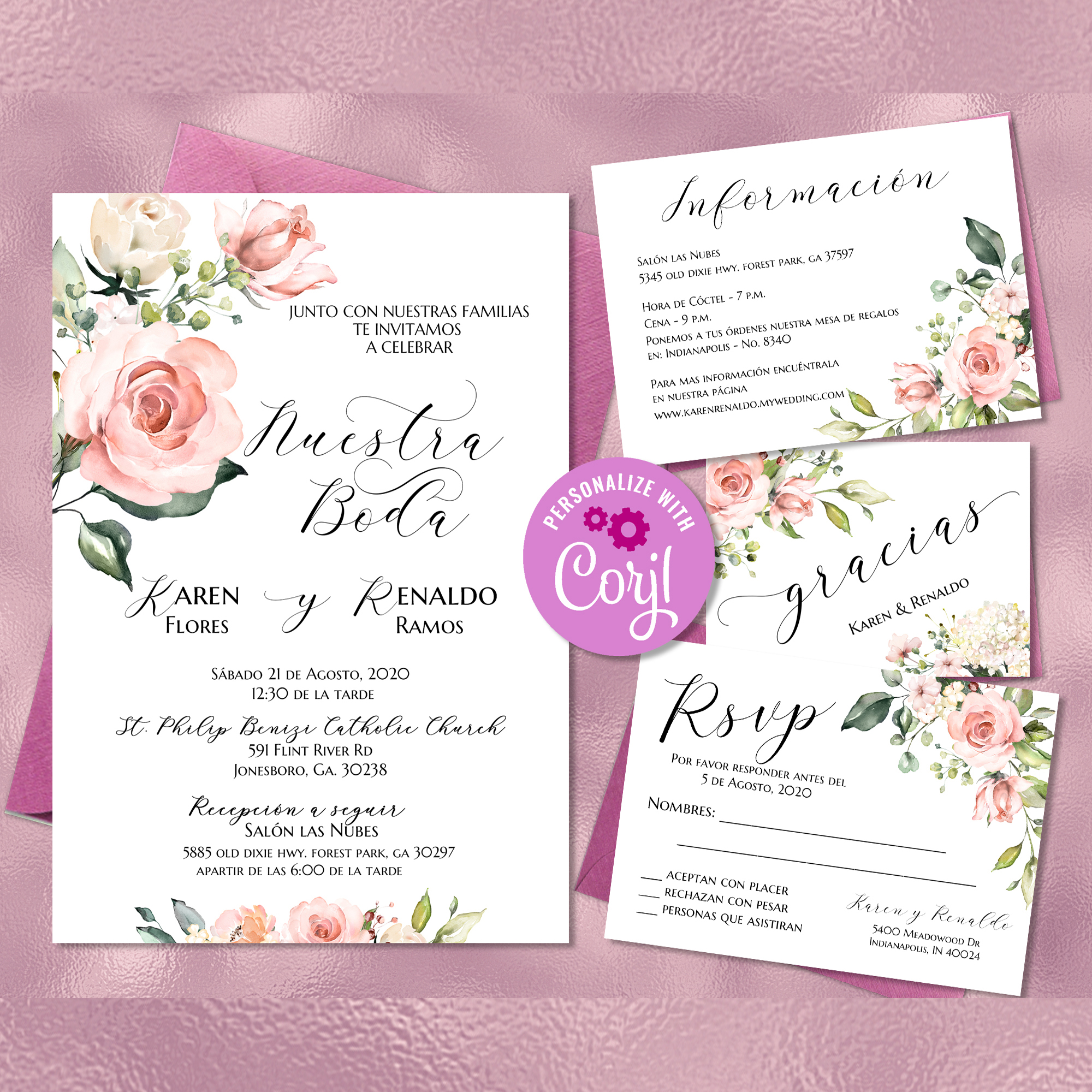 Pink Rose Pack de Boda, Spanish Wedding Invitations Set, Inv | Inspire ...