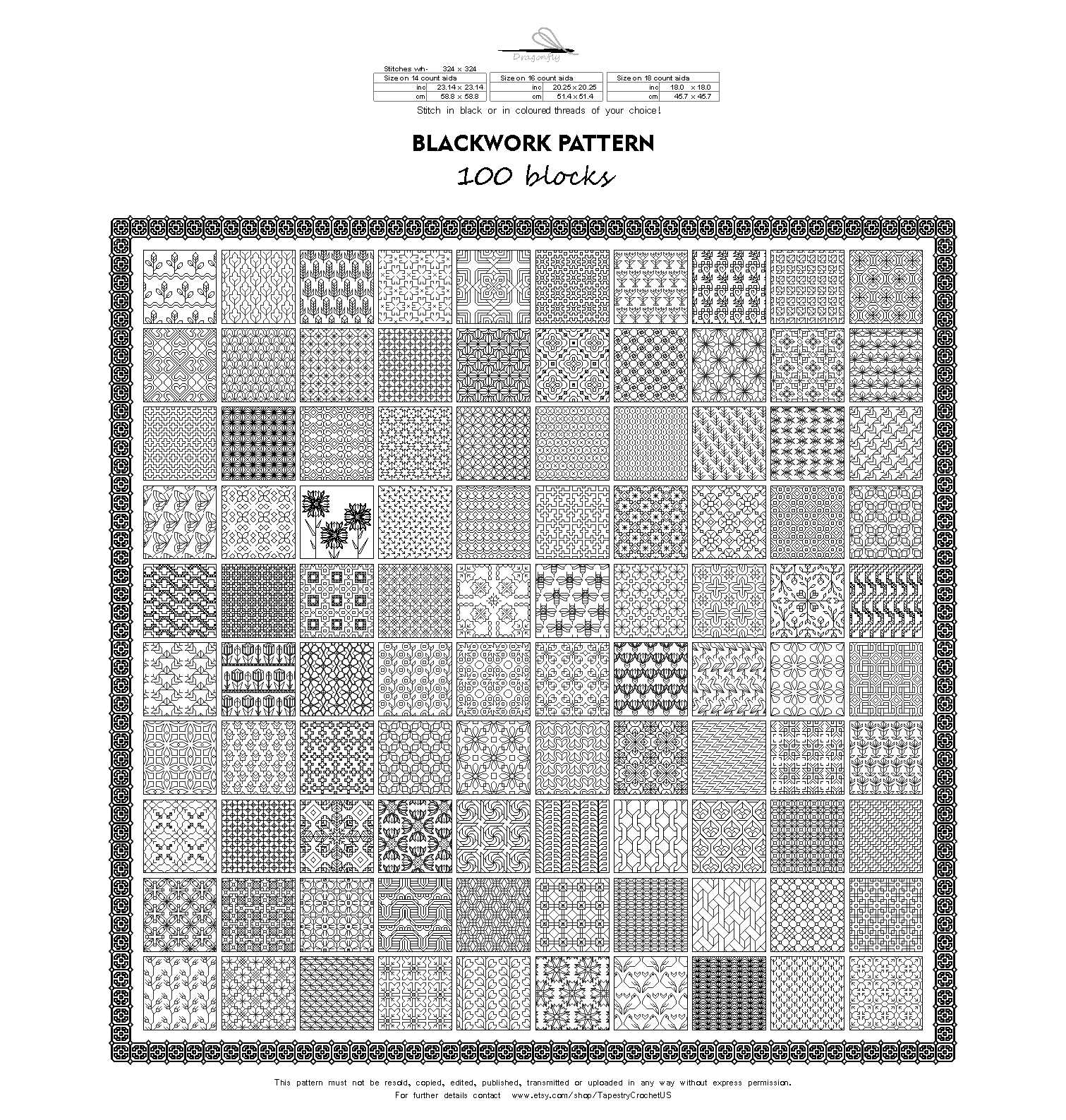 100 Blocks BLACKWORK pattern Cross Stitch Pattern Embroider - Inspire ...