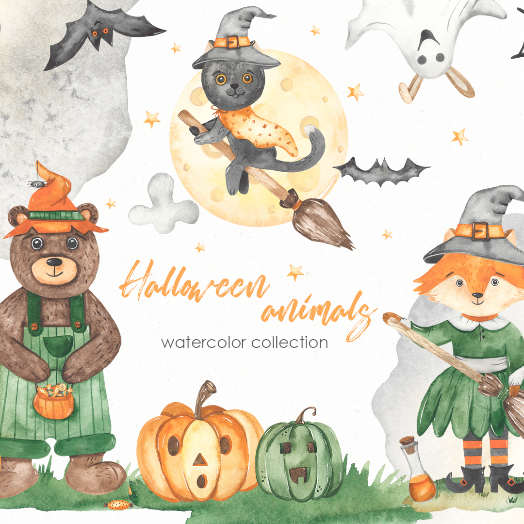 Halloween animal watercolor clipart with bear, witch fox, gh | Inspire ...