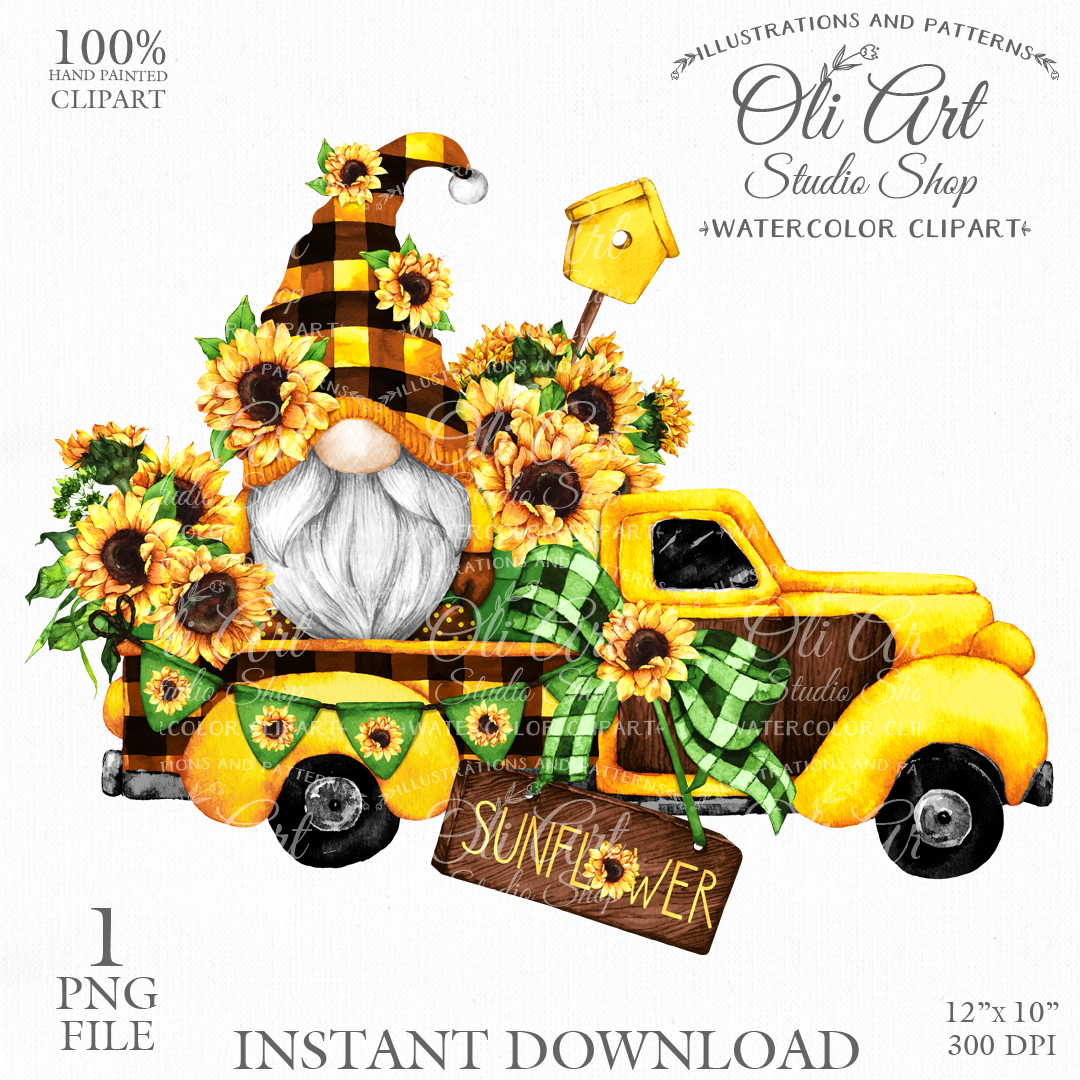 Sunflower Truck, Gnome Clipart. Hand Drawn Graphics, Instant | Inspire ...