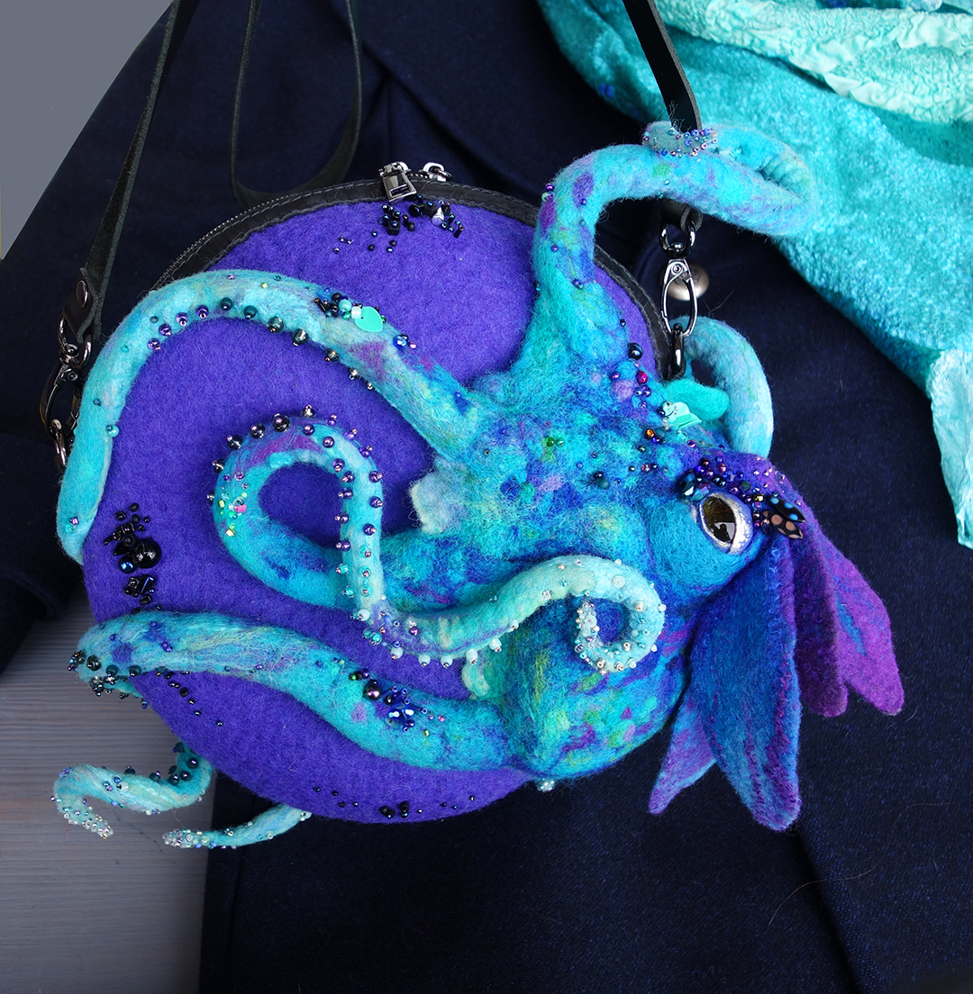 Purple blue octopus circle felted bag - Inspire Uplift