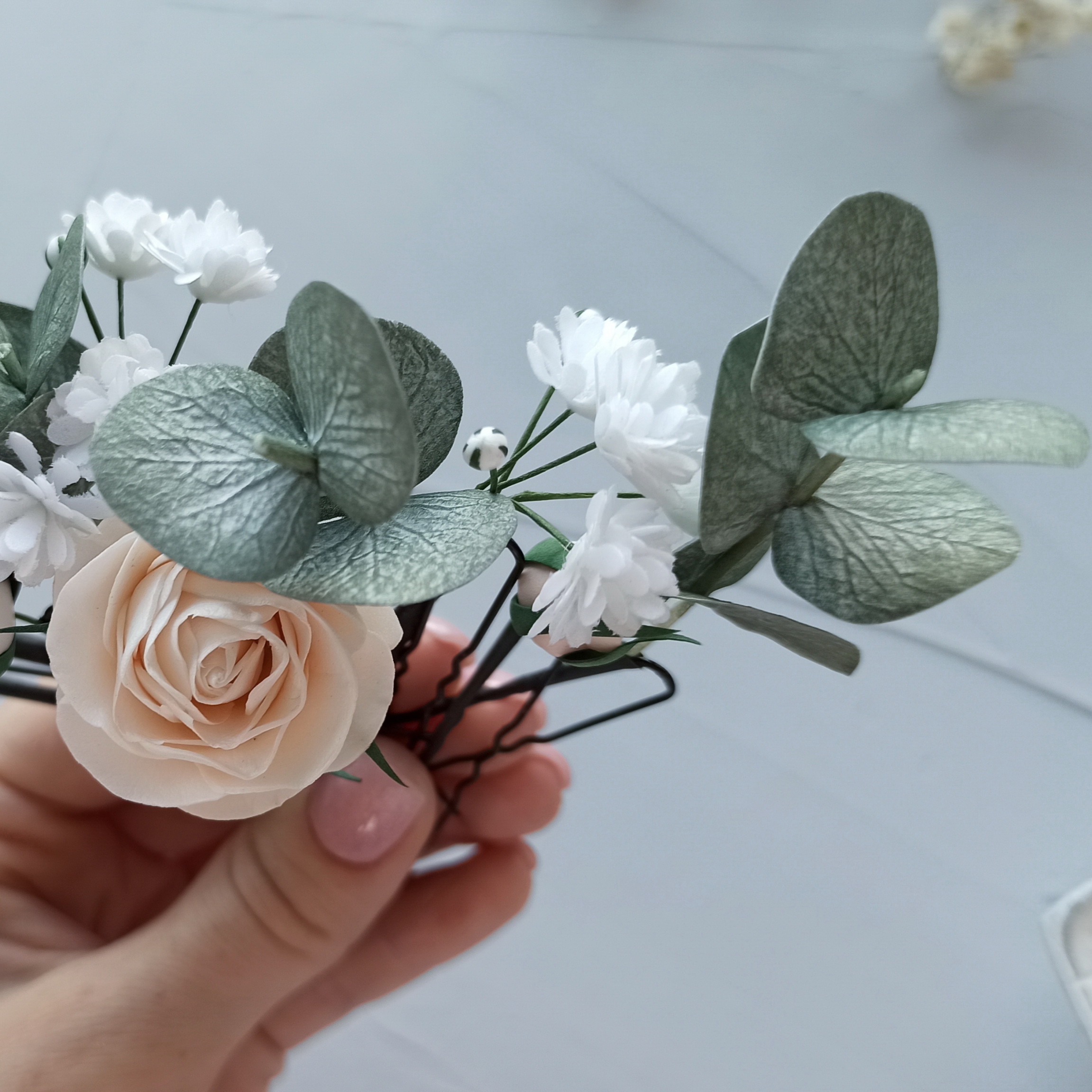 Sage green eucalyptus wedding hair pins Light peach roses br - Inspire ...