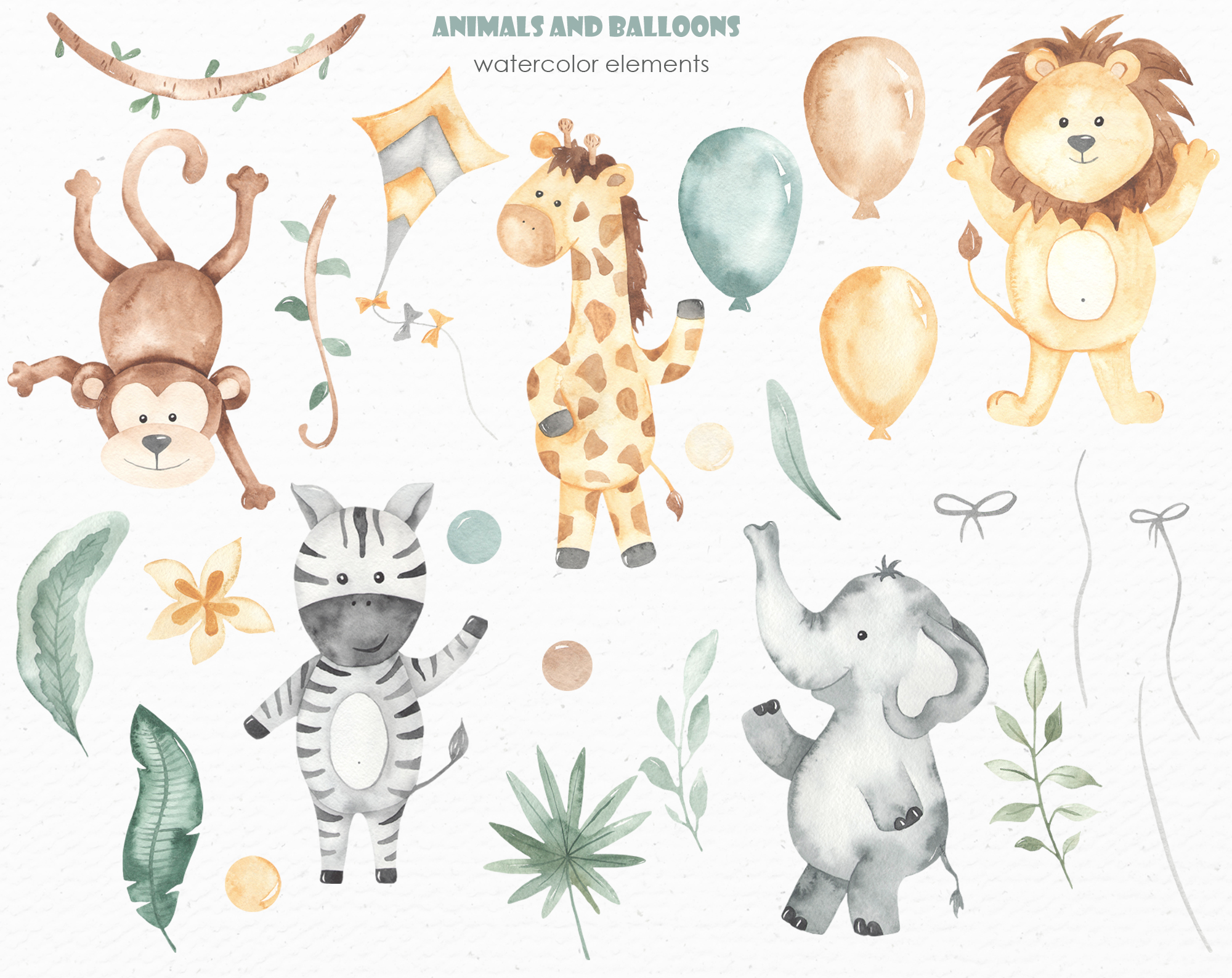 Animals and balloons watercolor clipart. Zebra, lion, elepha - Inspire ...