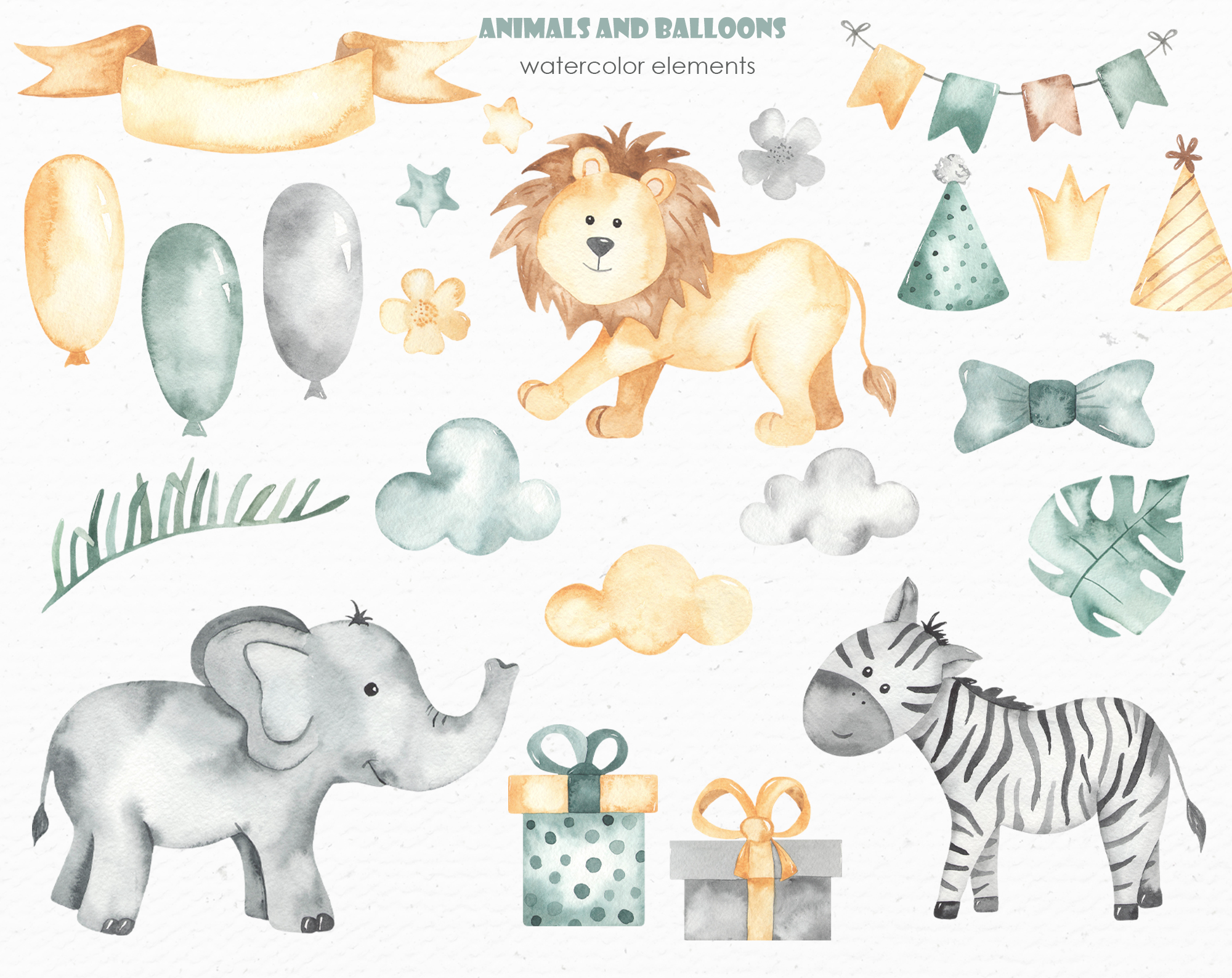 Animals and balloons watercolor clipart. Zebra, lion, elepha - Inspire ...