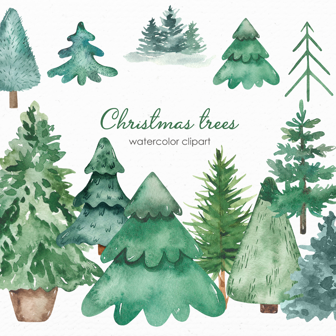 Christmas trees watercolor clipart with different fir trees, | Inspire ...