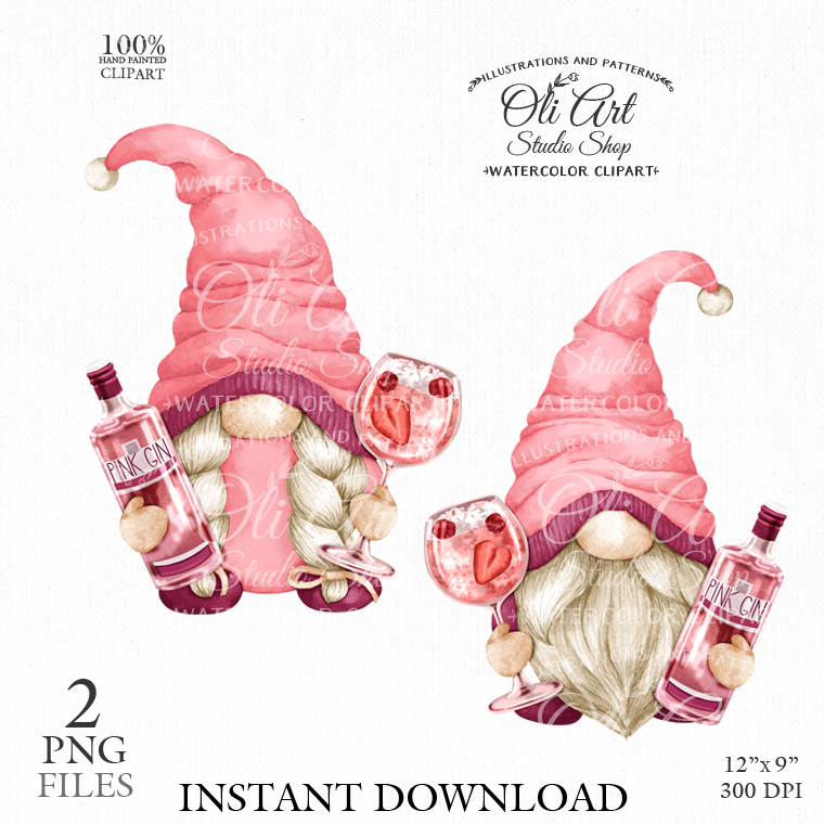 Pink gin and Gnome Clip Art. Drinking Gnome. Cute Characters | Inspire ...