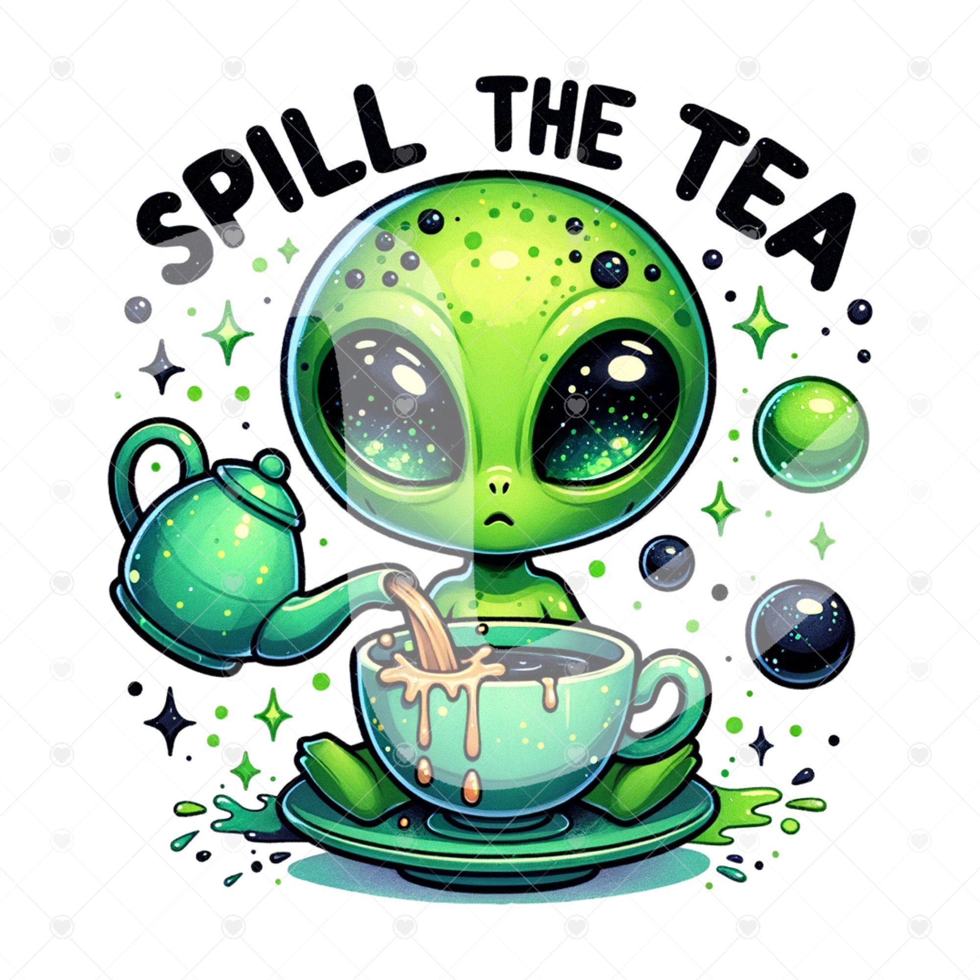 Funny Retro Alien Clipart Spill the Tea PNG Cute Groovy Al | Inspire Uplift
