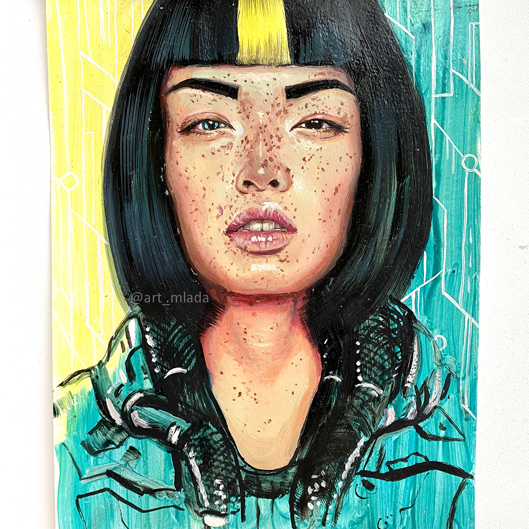 Original small oil painting Cyberpunk art Green Yellow paint | Inspire ...