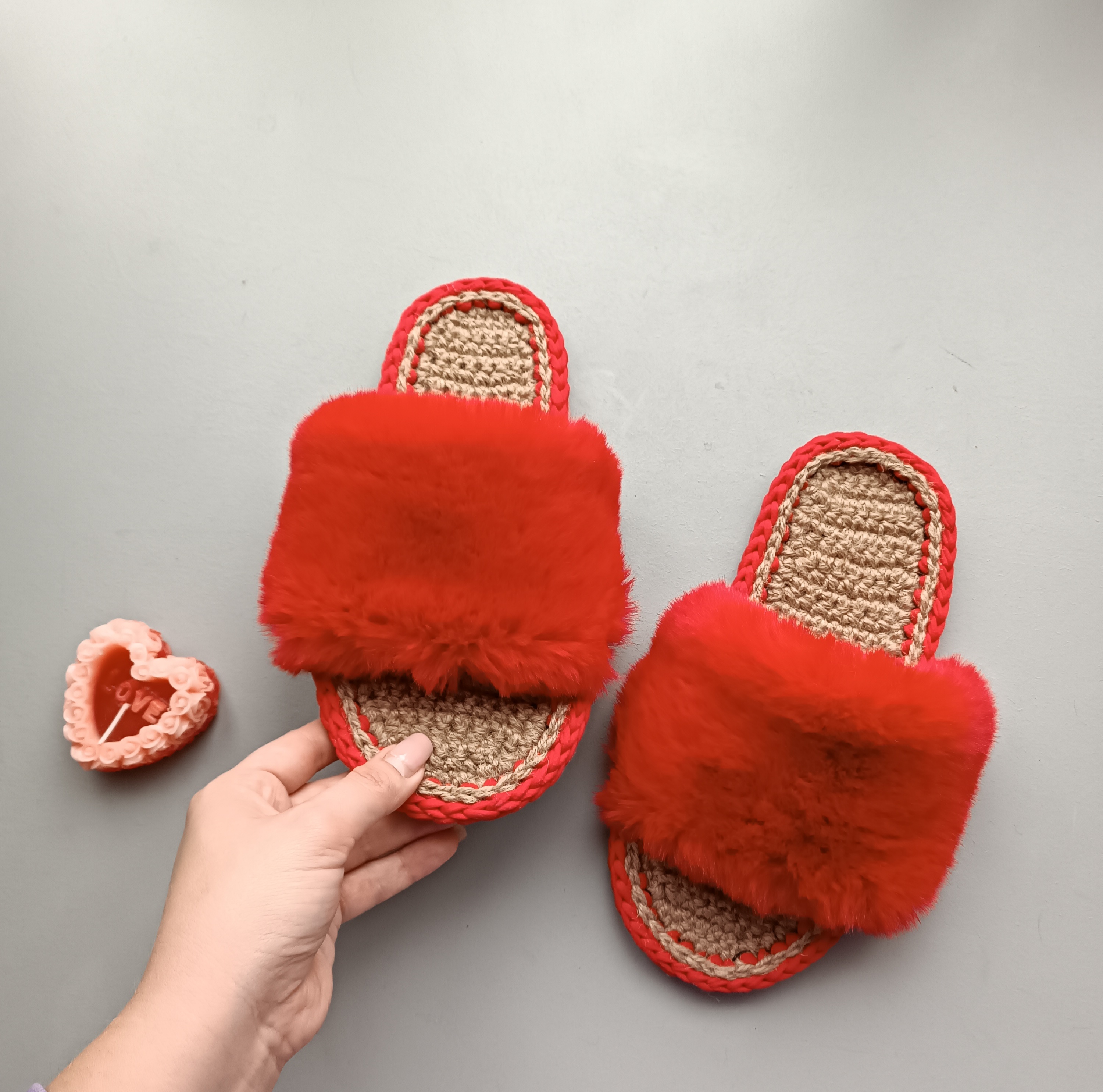 Red hemp slippers fur slides open toe | Inspire Uplift
