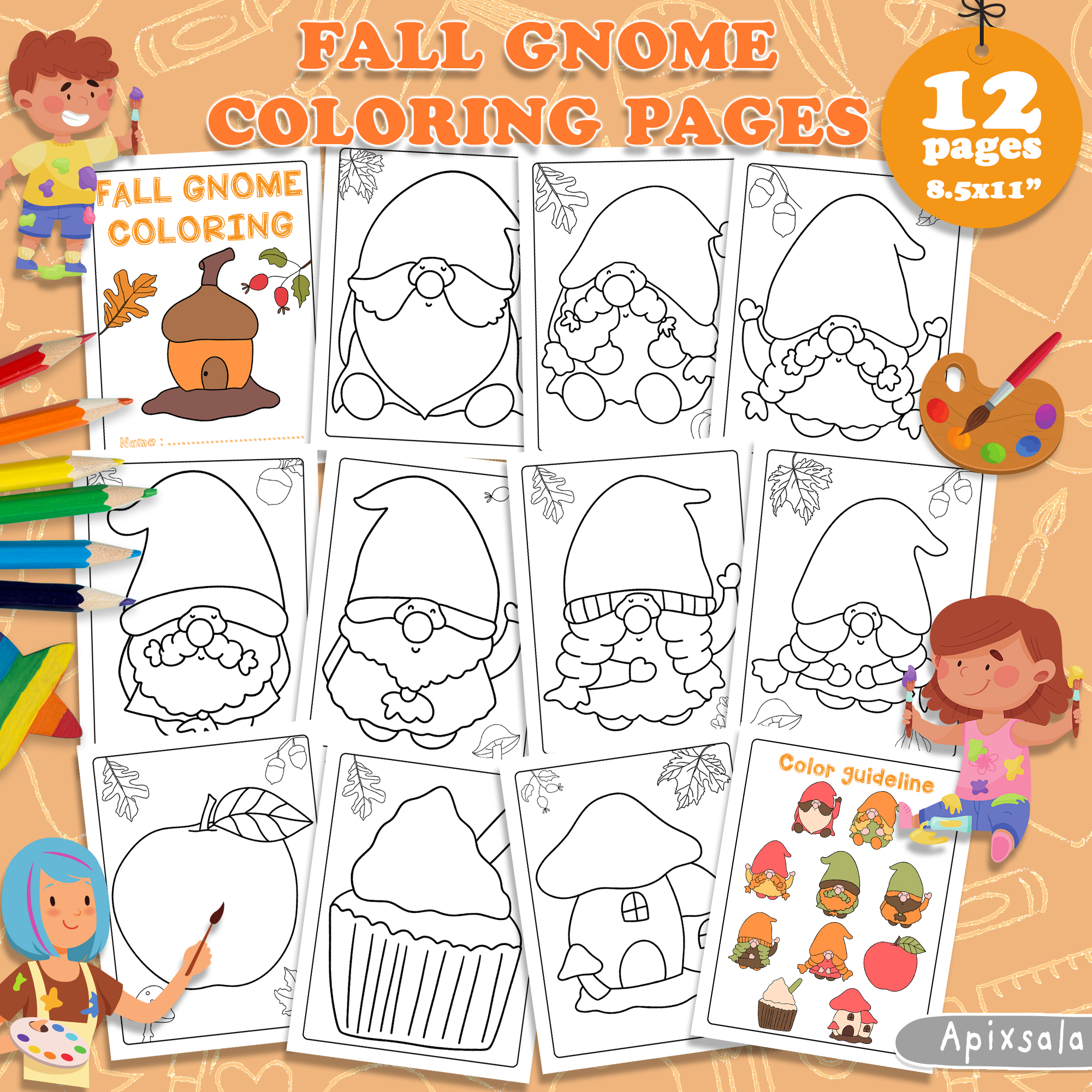 Fall Gnome Kids coloring pages | kids coloring pages bundle - Inspire ...