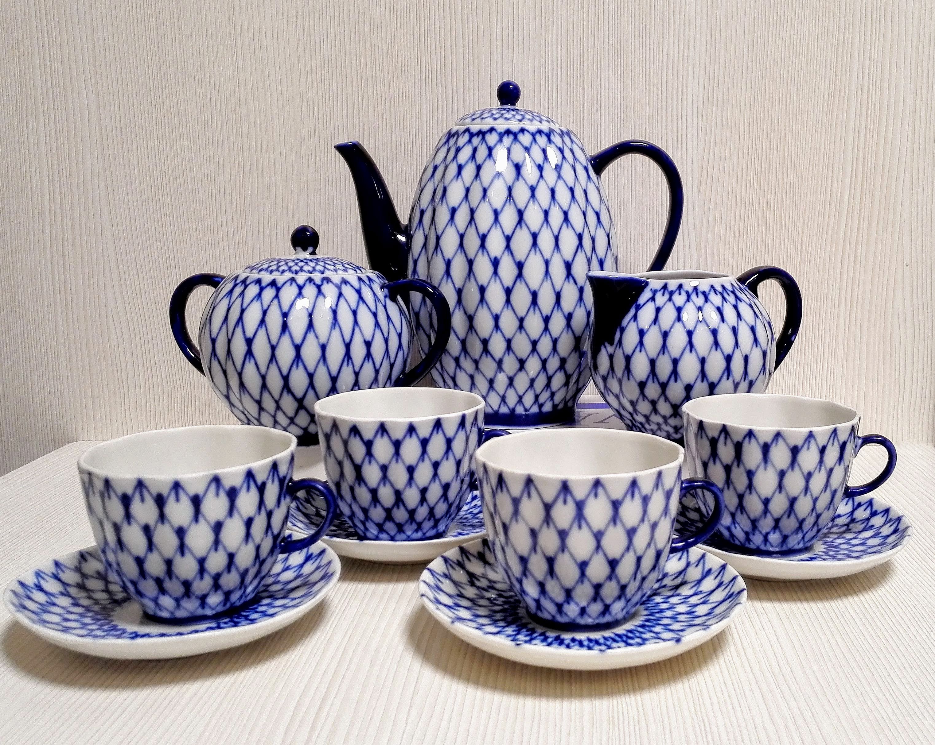 Lomonosov Coffee Set Grid Cobalt Blue.Russian Bone Porcelain - Inspire ...