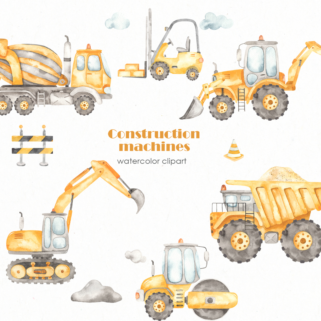 Construction machines watercolor clipart. Concrete truck, bu | Inspire ...