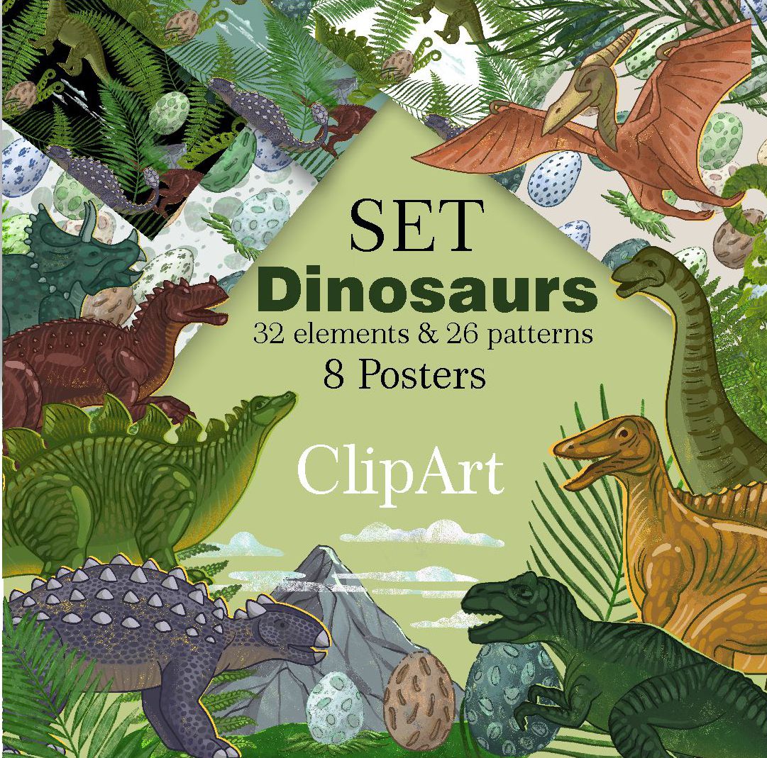 Dinosaurs Clipart Digital Paper Set Collection Download | PN - Inspire ...