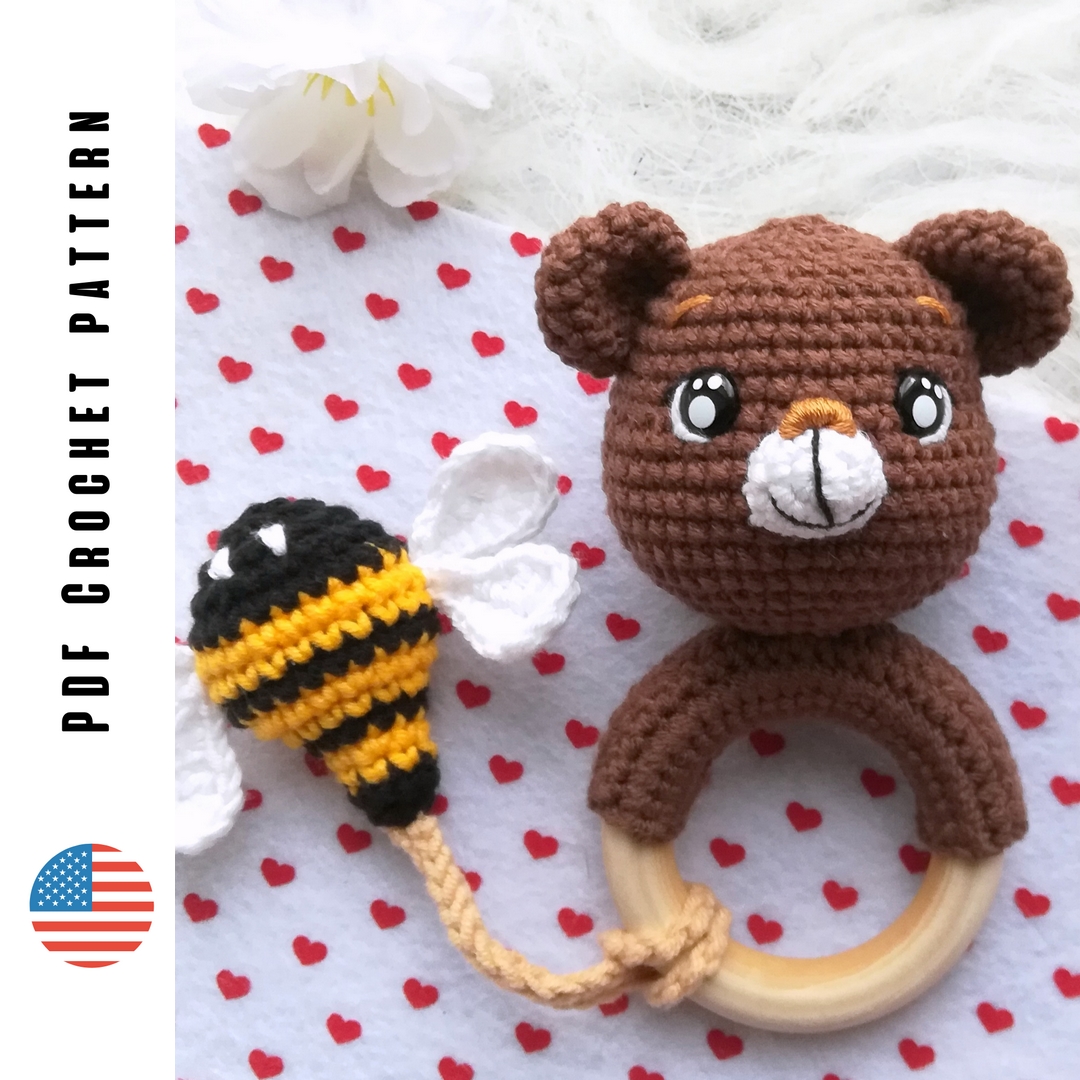 Crochet bear rattle pattern, amigurumi bear teething ring | Inspire Uplift