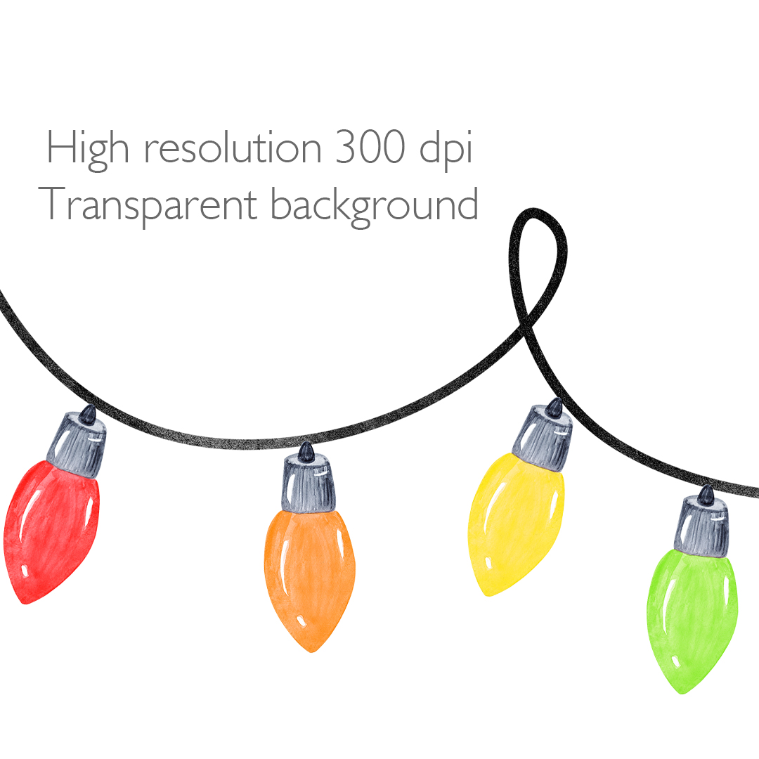Christmas lights and garlands watercolor clipart, multicolor - Inspire ...