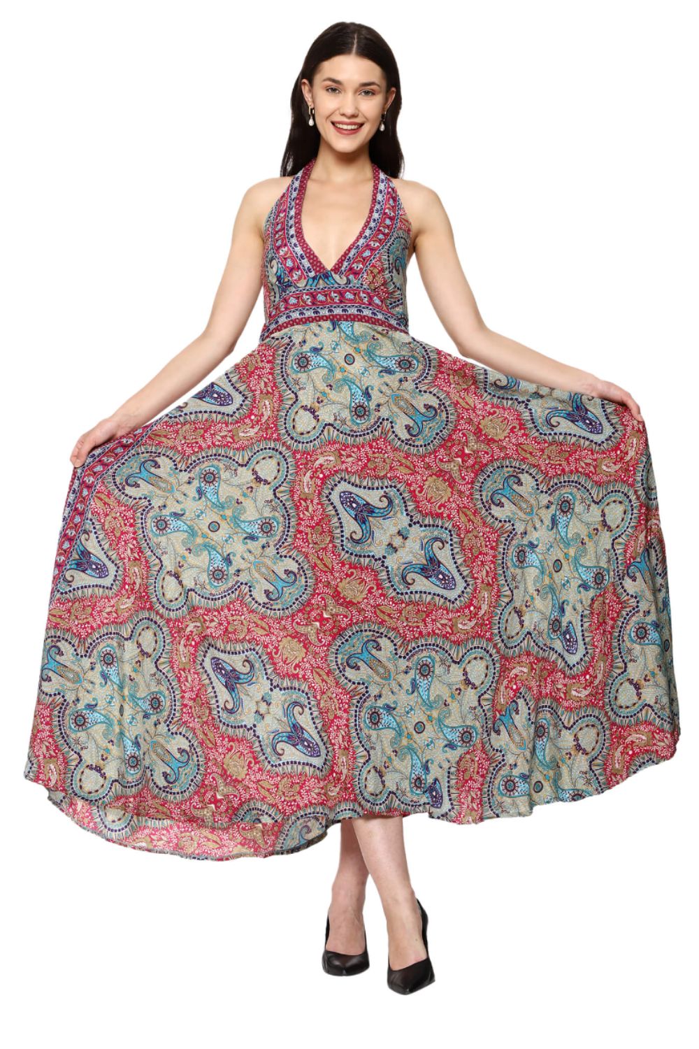 SILK BLEND RED GREEN PRINTED DRESS - Inspire Uplift