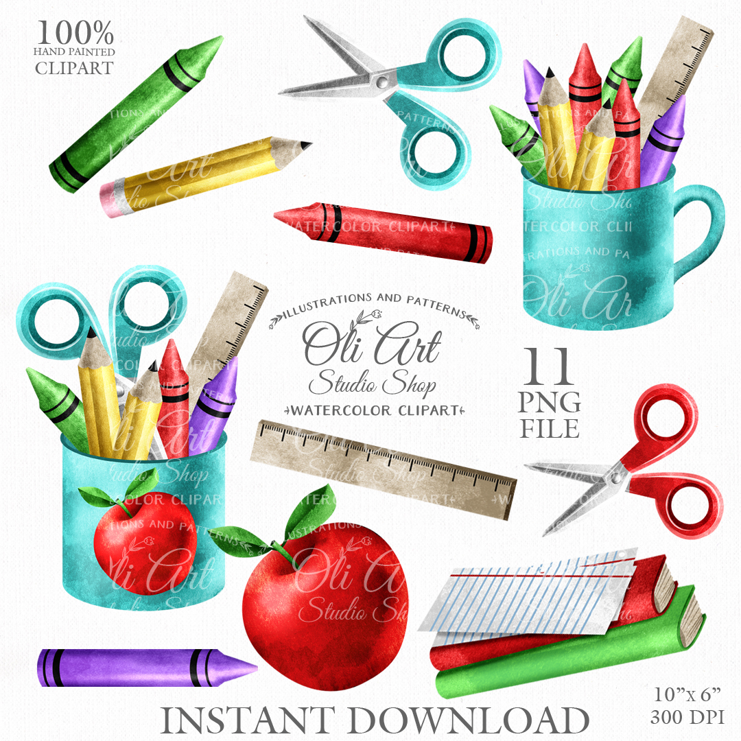 School Clip Art. Pencils, Crayons, Scissors, Book. Hand Draw | Inspire ...