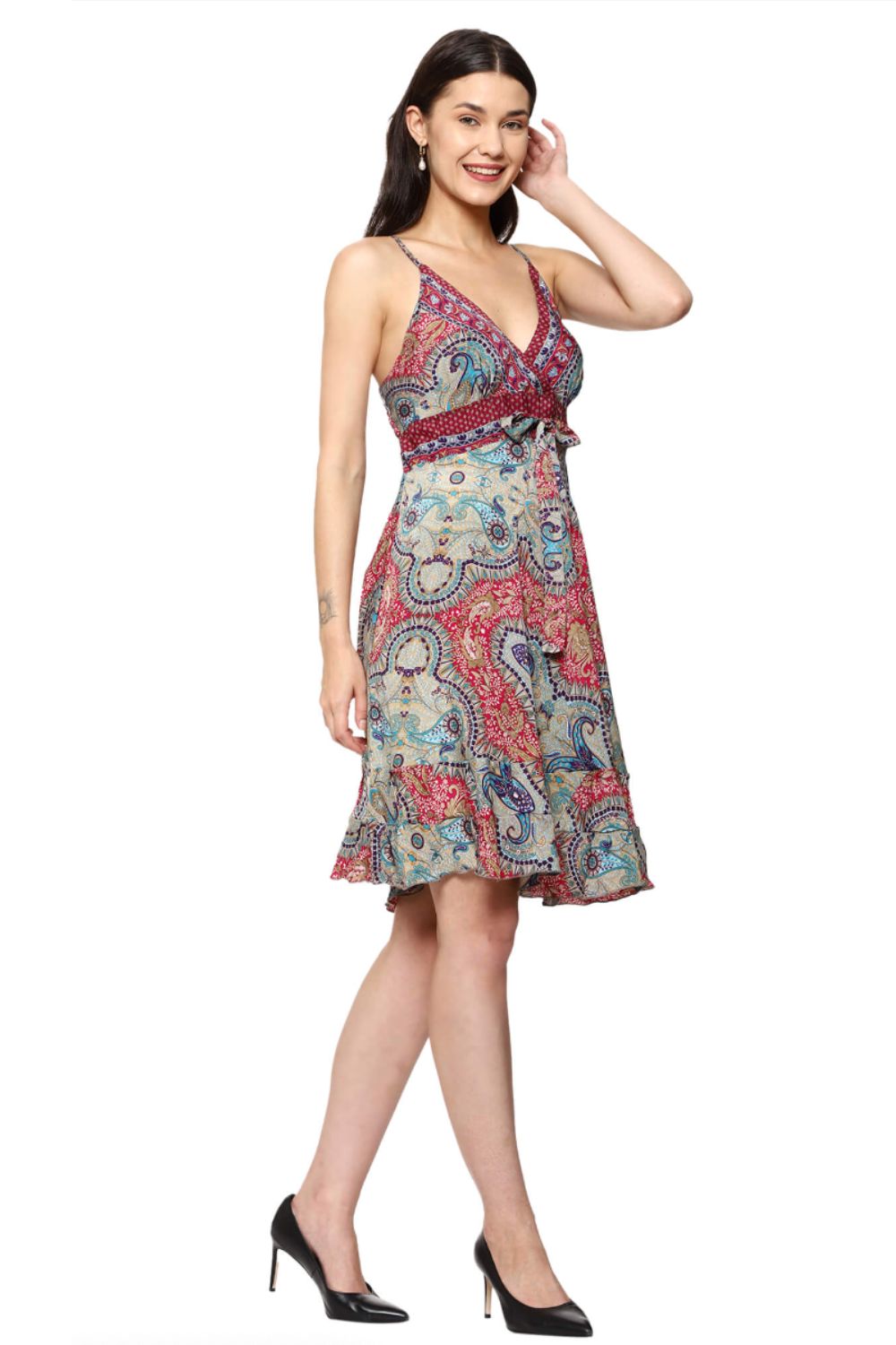 SILK BLEND RED GREEN PRINTED MINI DRESS | Inspire Uplift