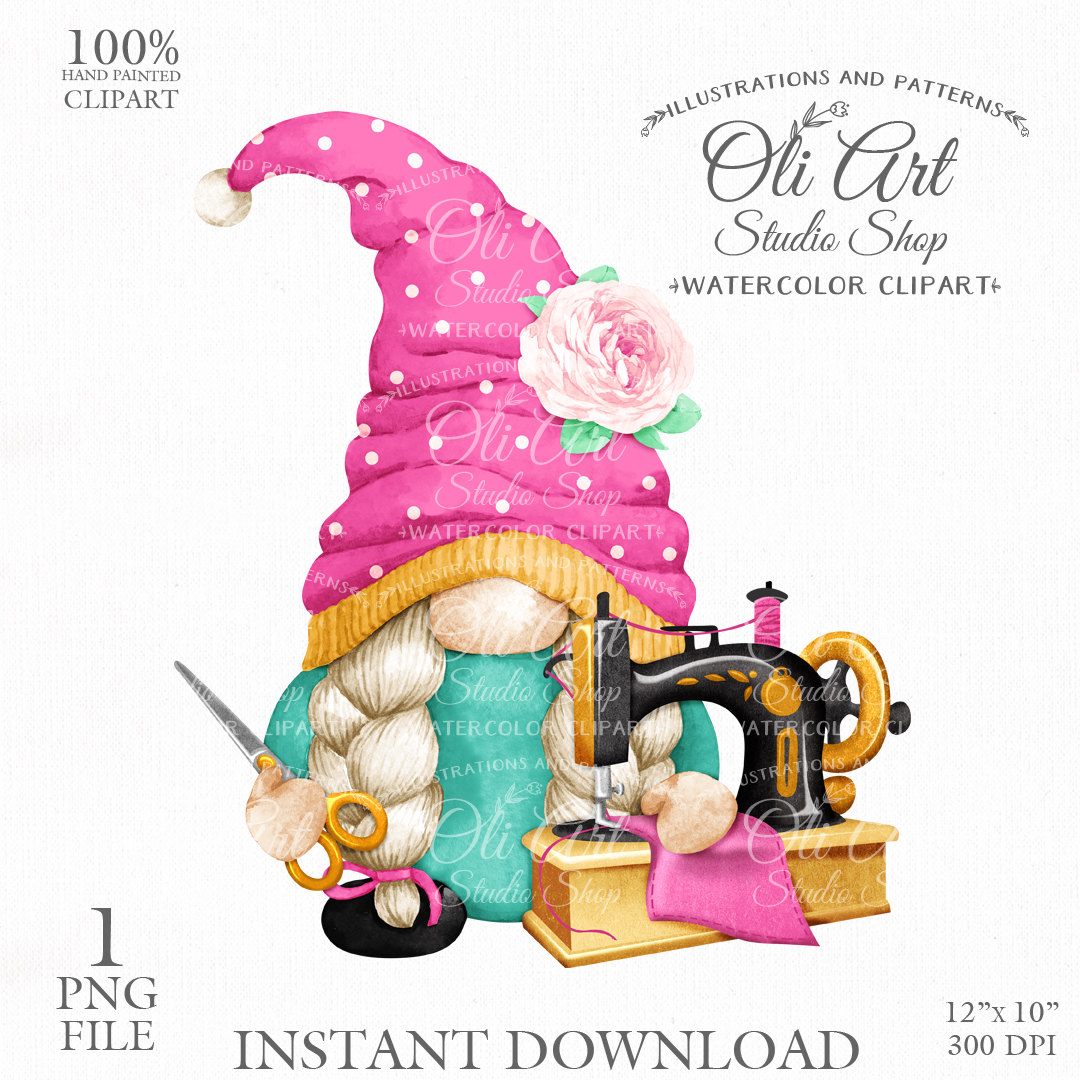 Gnome and Sewing Machine Clip Art. Seamstress. Cute Characte - Inspire ...