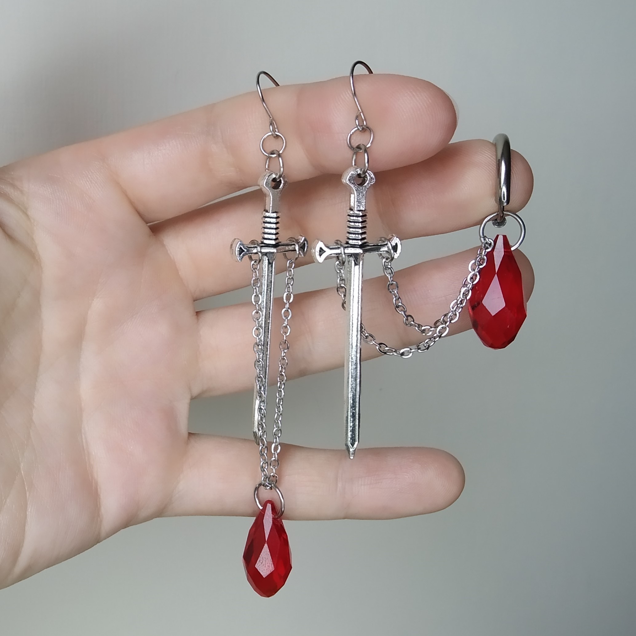 Single sword earring with red crystal. Double piercing anime - Inspire ...