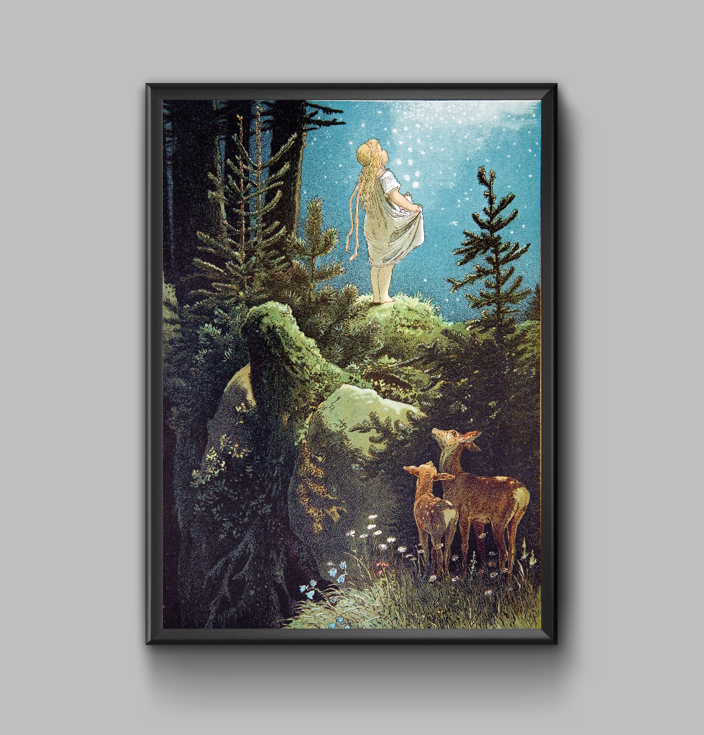 Little Girl Under A Starry Blue Sky Vintage Fairy Tale | Inspire Uplift