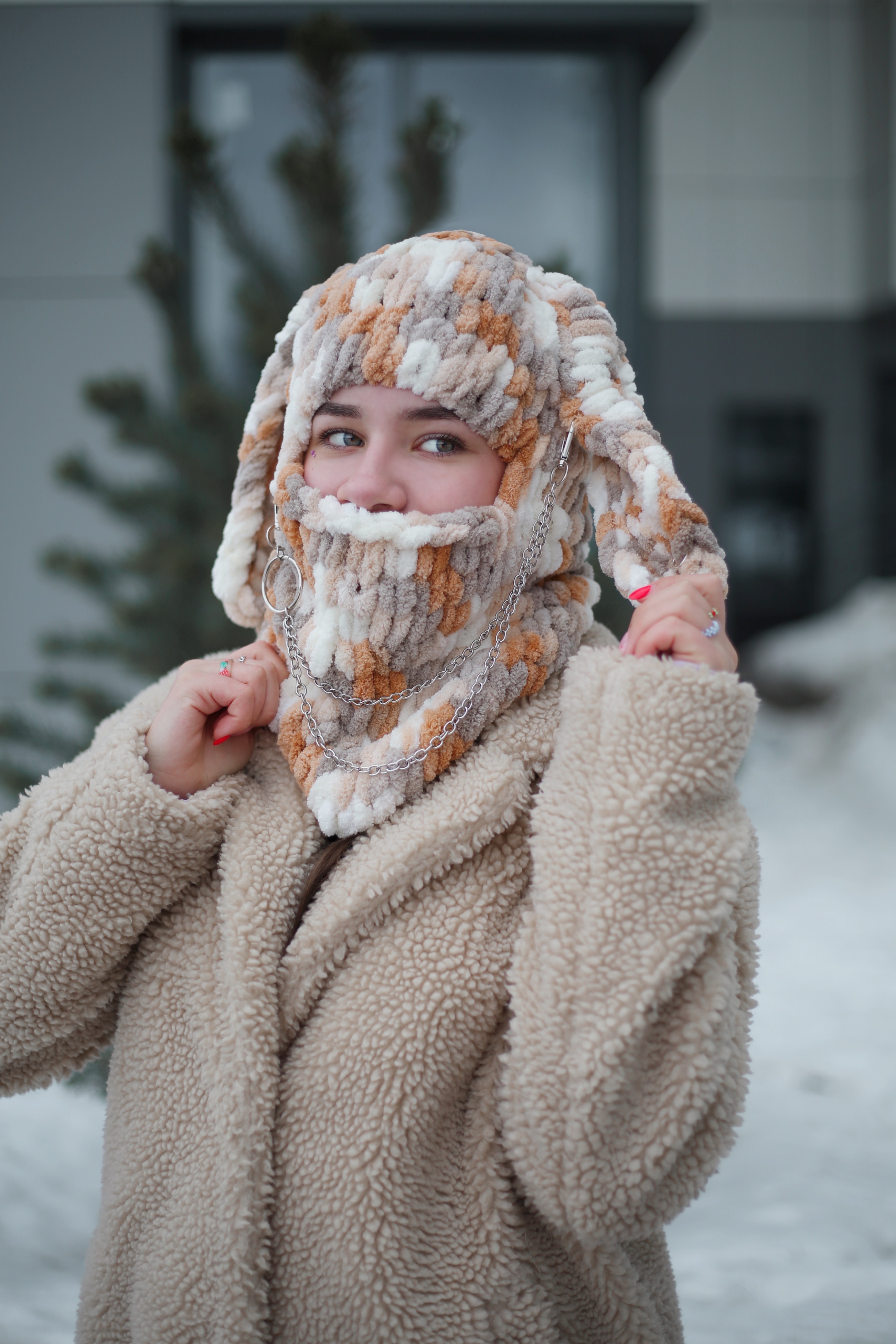 Hand knitted multicolored original hat Rabbit balaclava with - Inspire ...