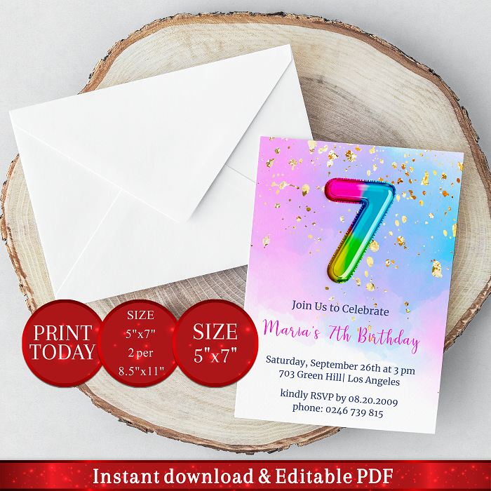 Editable 7th Birthday Invitation with rainbow foil balloon. | Inspire ...