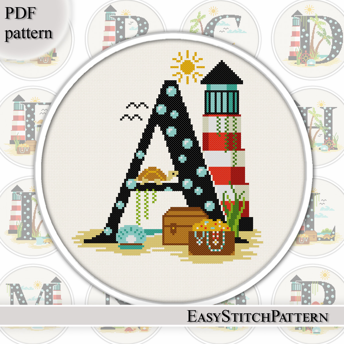 Sea monogram cross stitch pattern. Letter A cross stitch | Inspire Uplift