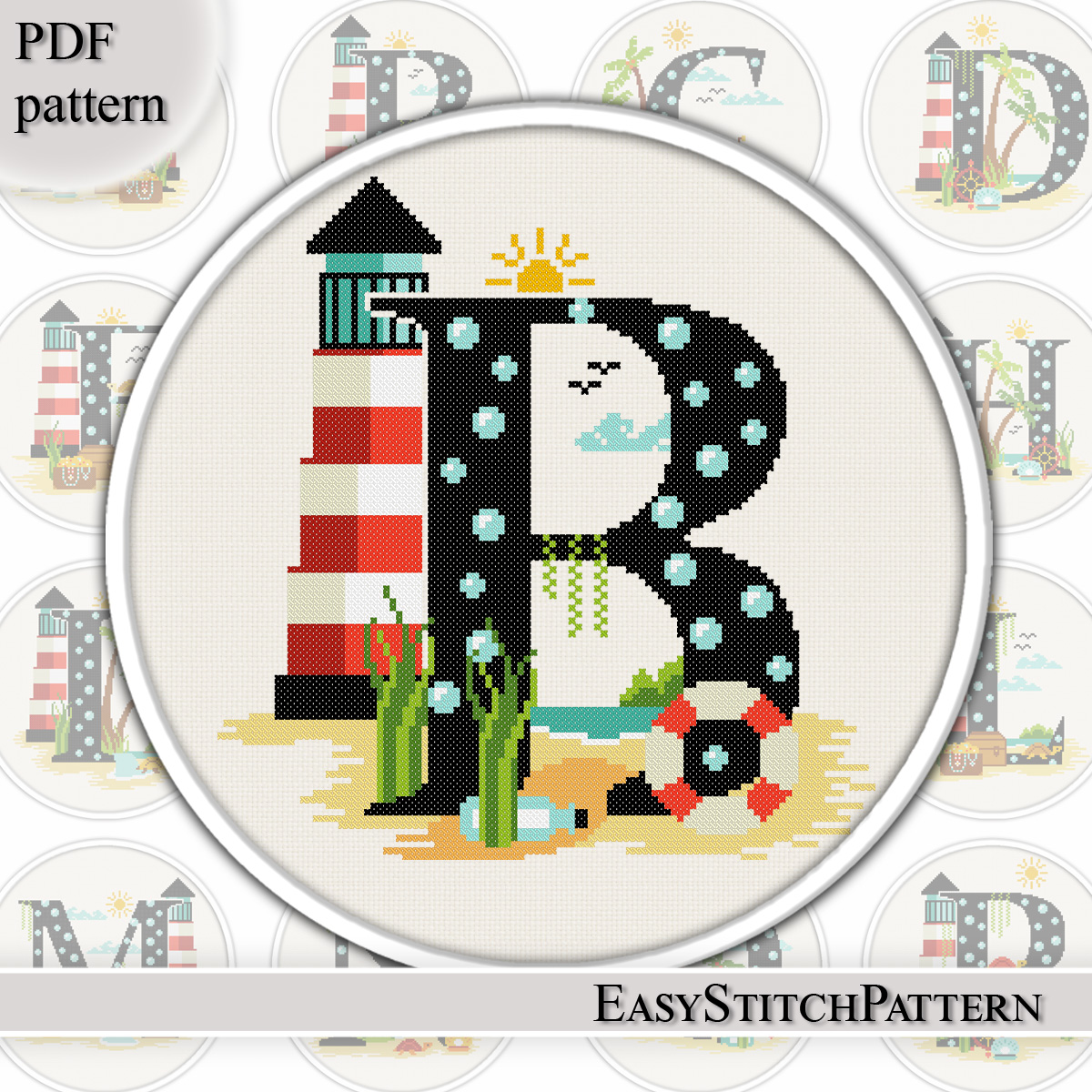 Sea monogram cross stitch. Letter B cross stitch pattern. | Inspire Uplift